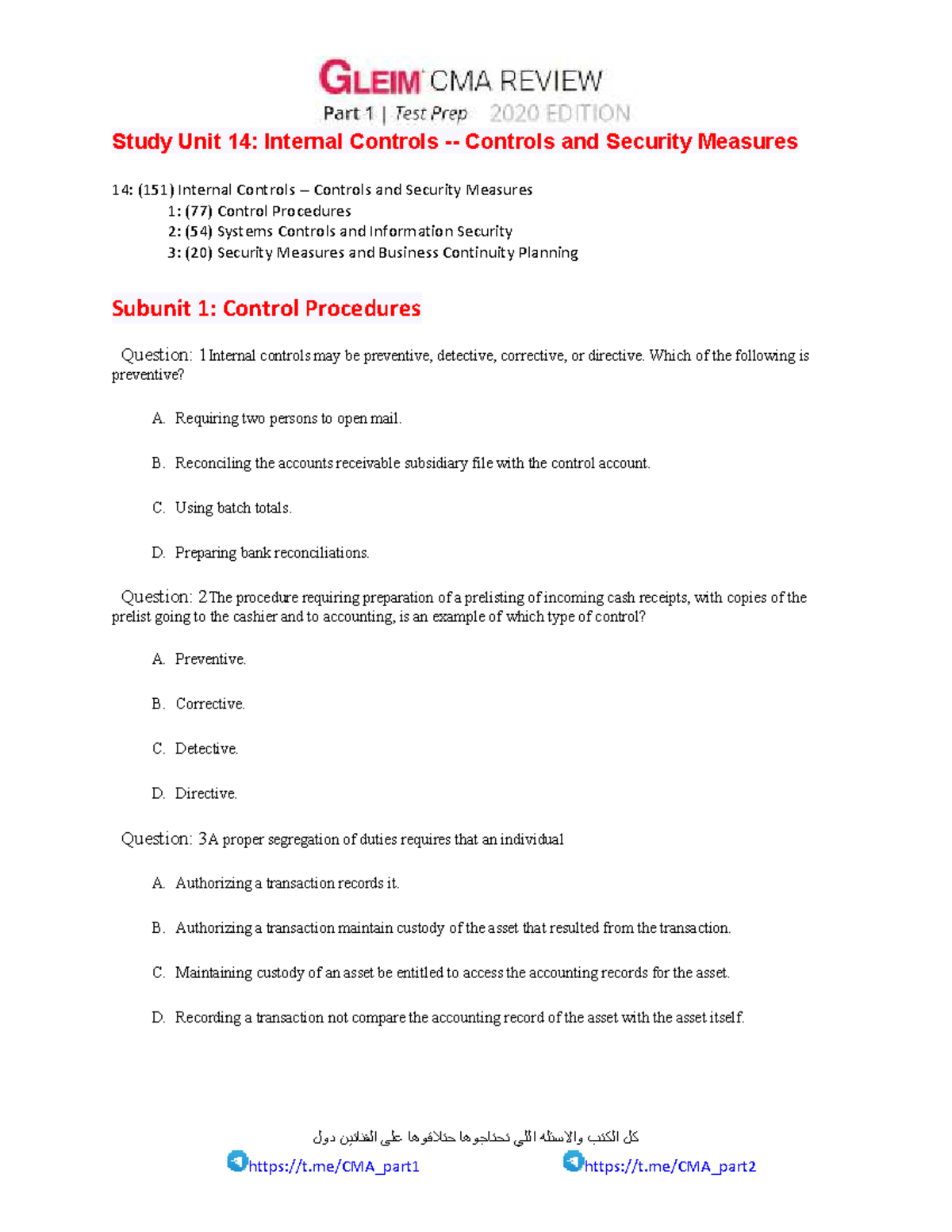 5 test Cma part 1 IMA GLEIM BOOK 2020 question - تحتاجوها حتلاقوها على ...