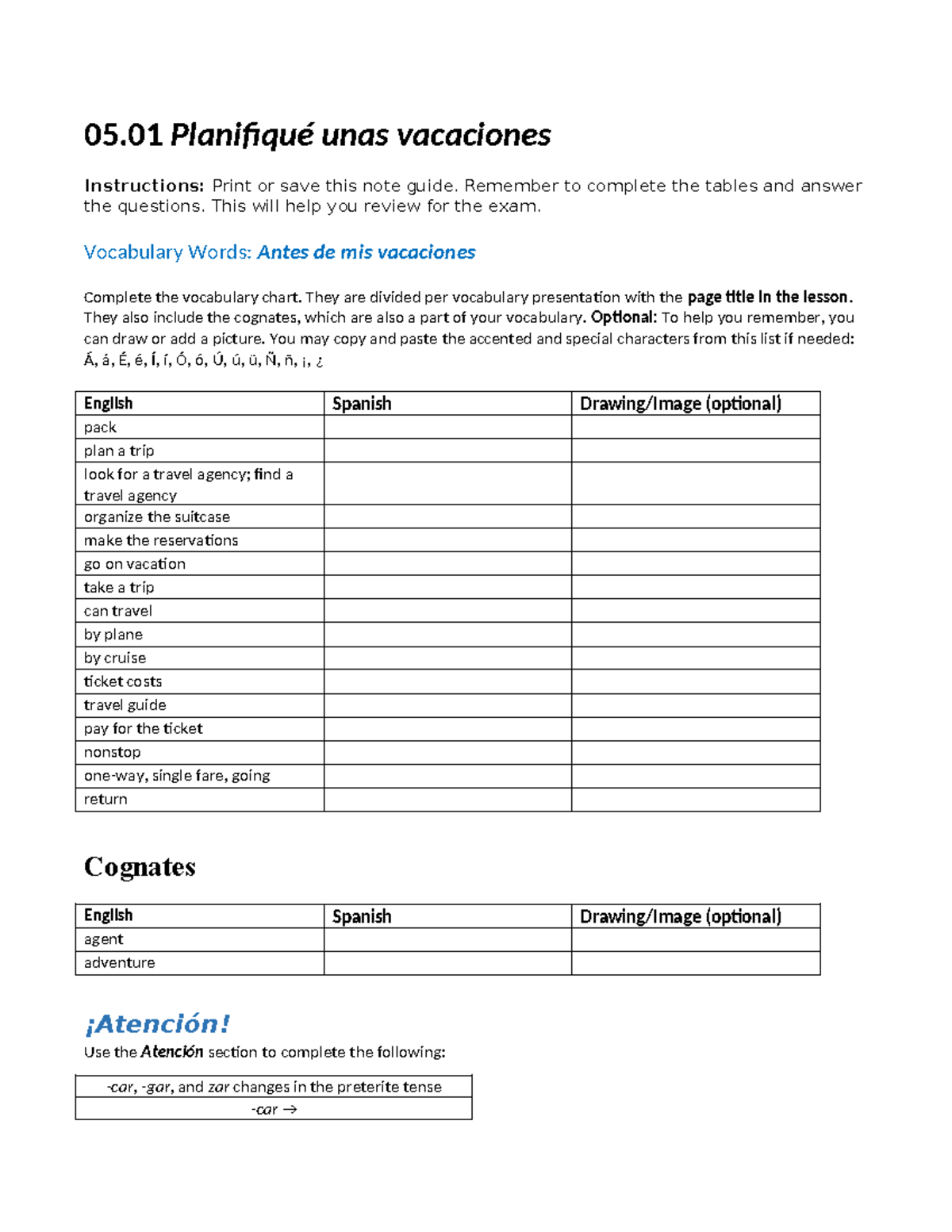 05 01 notes - 05 Planifiqué unas vacaciones Instructions: Print or save ...