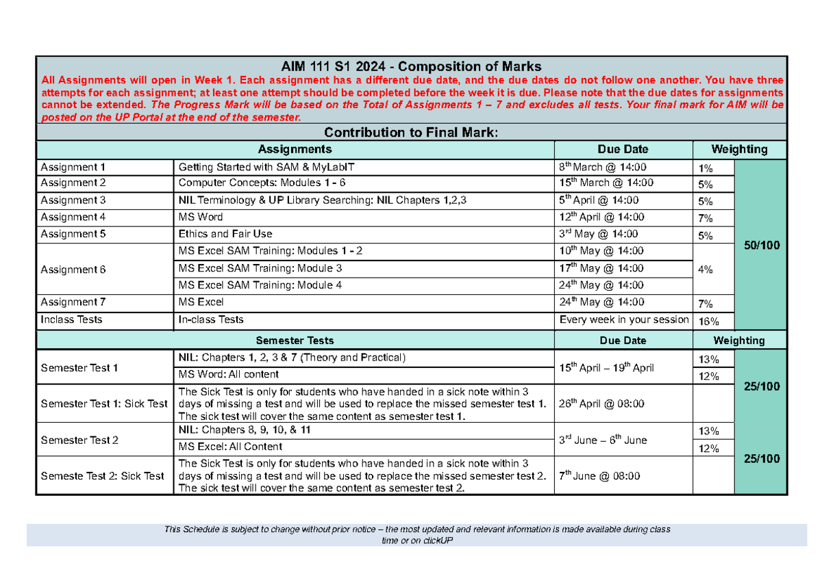Mark Composition - This Schedule is subject to change without prior ...