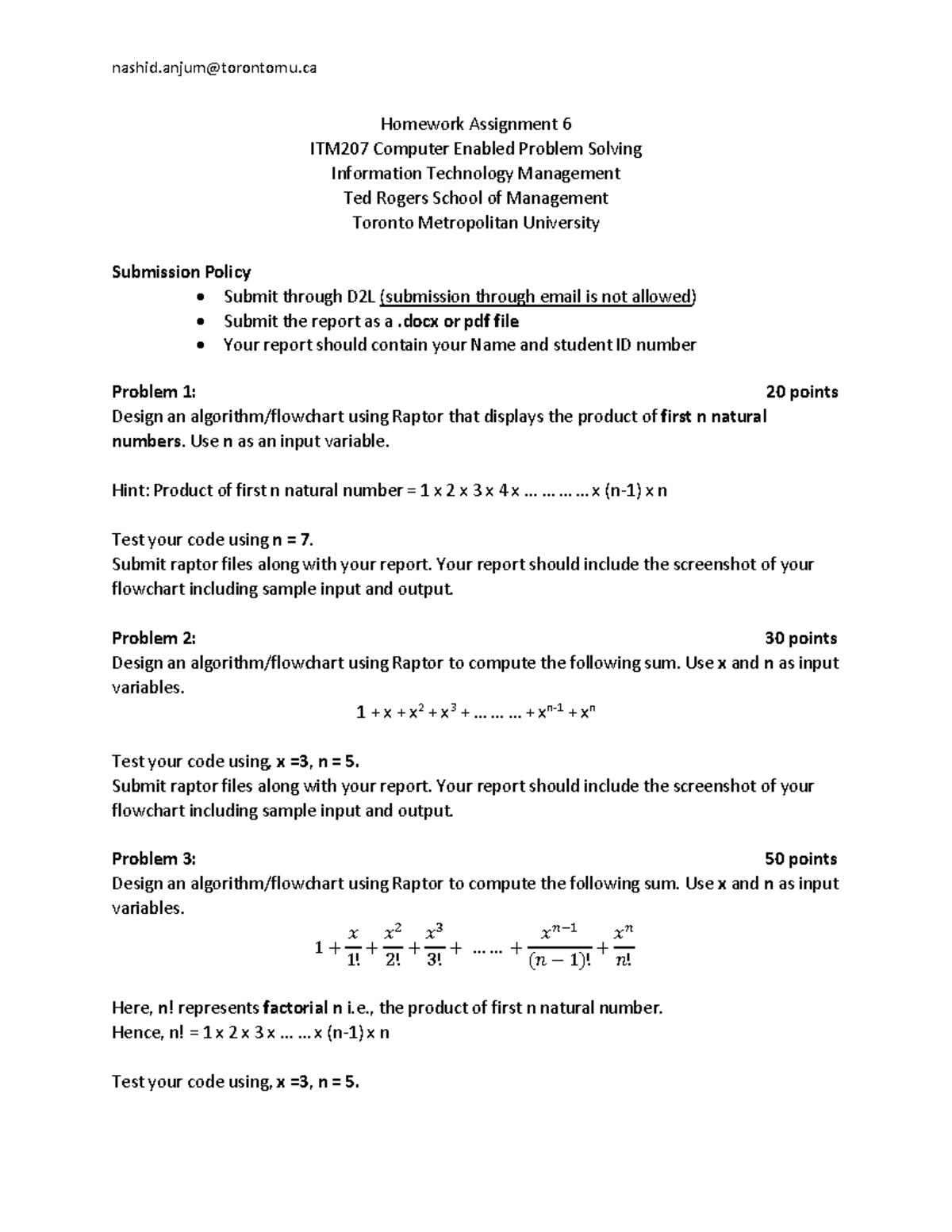 Homework Assignment 6 - nashid@torontomu Homework Assignment 6 ITM207 Computer Enabled Problem ...