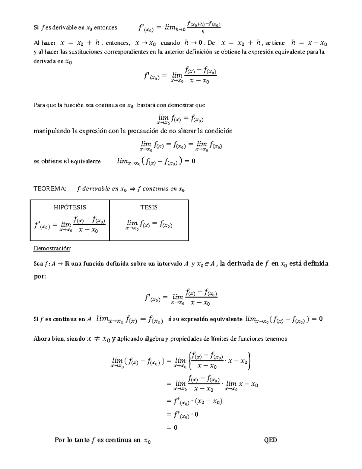 Teorema f es derivable x implica f es continua en x - Si f es derivable ...