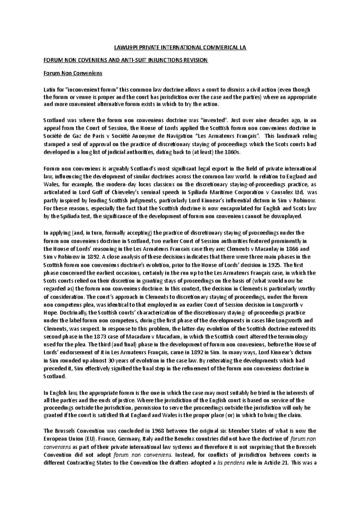 Forum NON Conveniens AND Antisuit Injunctions Revision - LAWU9PI ...