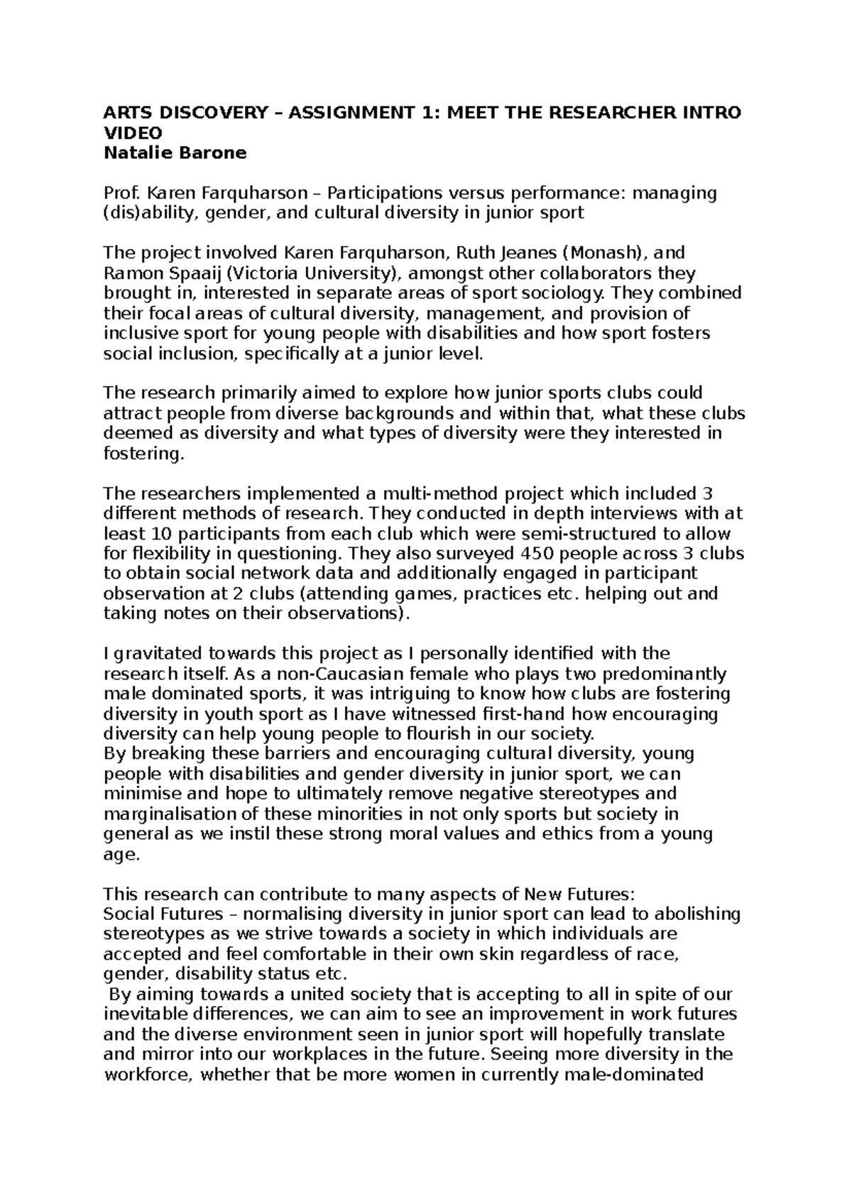 Meet the Researcher Video Transcript - Natalie Barone - ARTS DISCOVERY ...