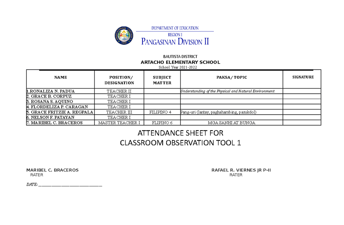 Grade IV COT- Attendance- Sheet - BAUTISTA DISTRICT ARTACHO ELEMENTARY SCHOOL School Year 2021 ...