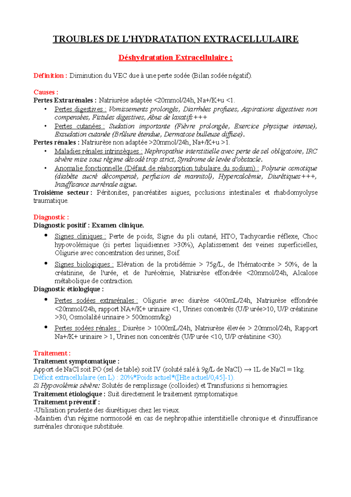 Semiologie Uro-Nephro TROUBLES DE L'HYDRATATION EXTRACELLULAIRE ...