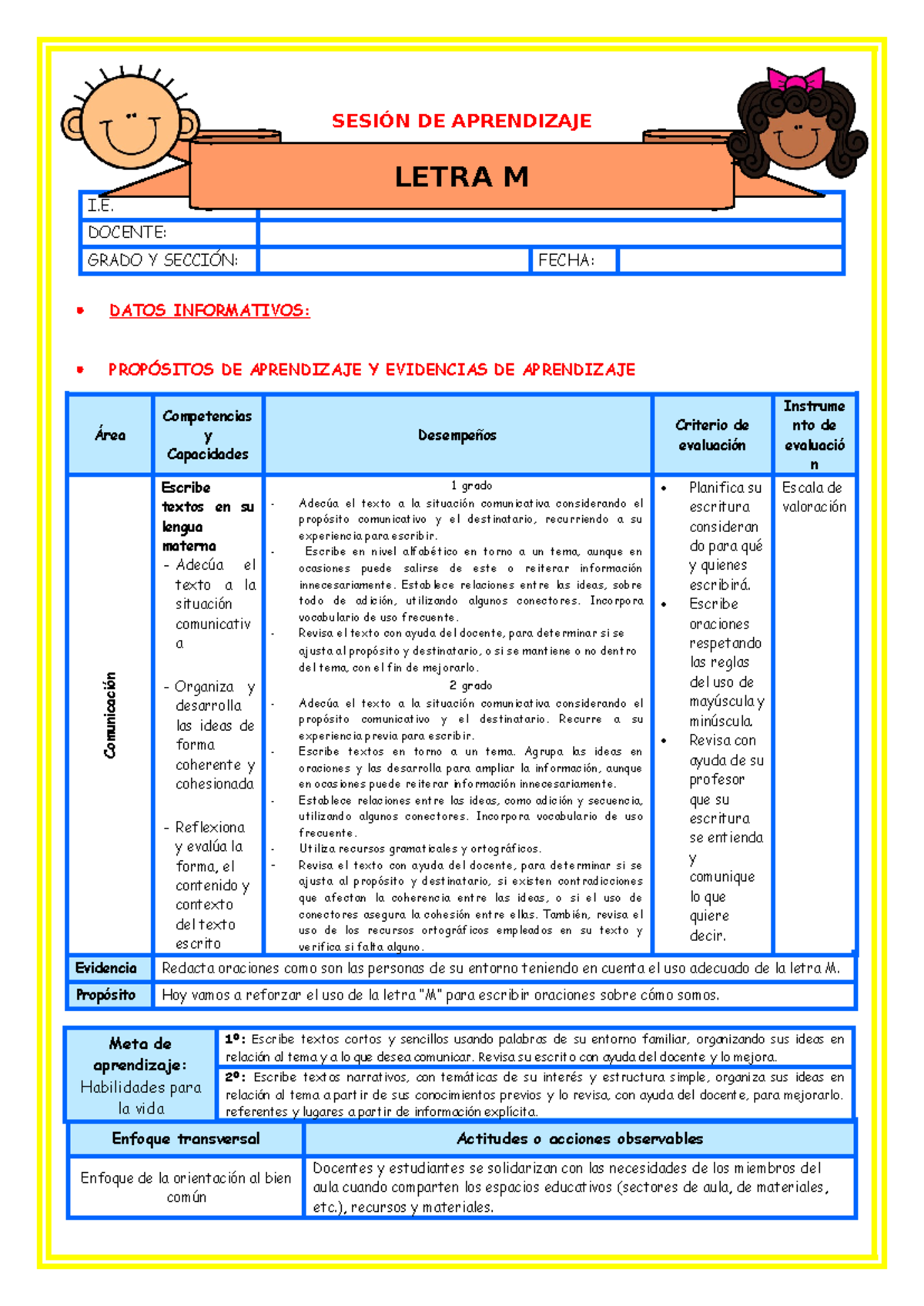 2 Sesion Letra M - nbjkbk.m - SESIÓN DE APRENDIZAJE I. DOCENTE: GRADO Y ...