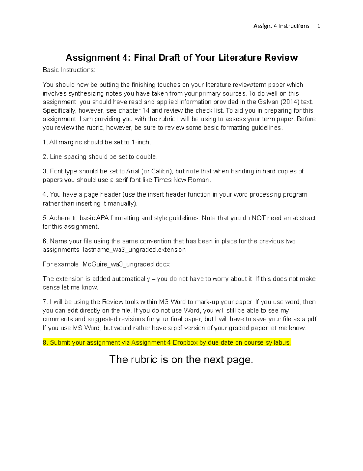 Assign 4 Rubric py306 - Assignment 4: Final Draft of Your Literature ...