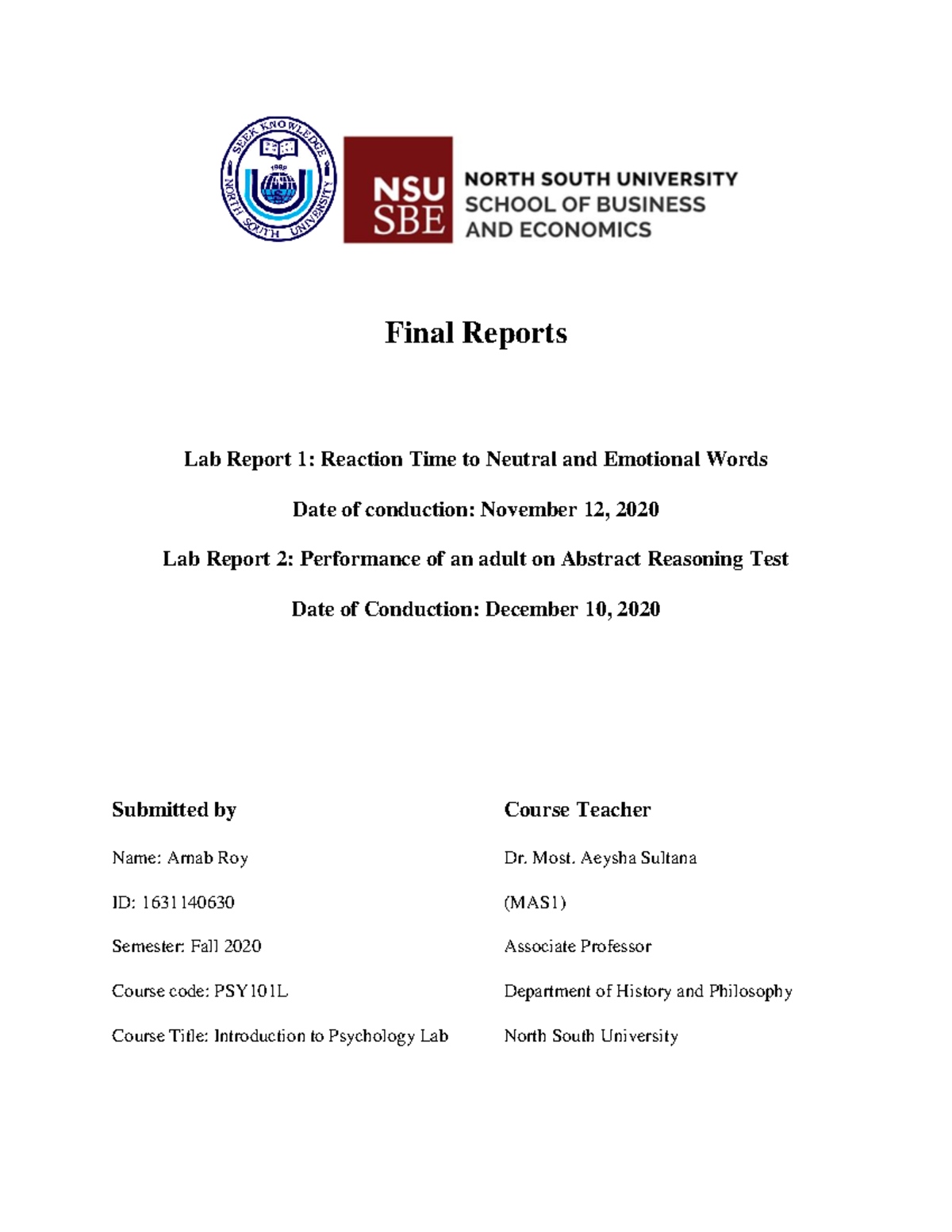 Arnab Roy 1631140630 PSY Final Report - Introduction to Psychology Lab ...