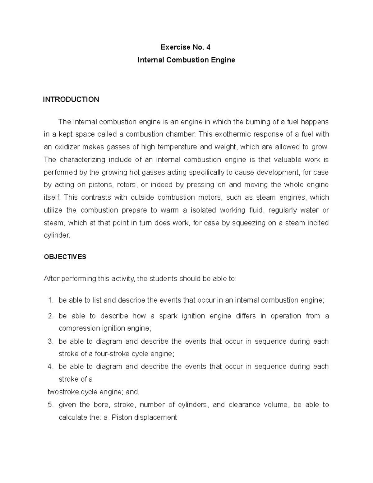 Internal Combustion Engine - Exercise No. 4 Internal Combustion Engine ...