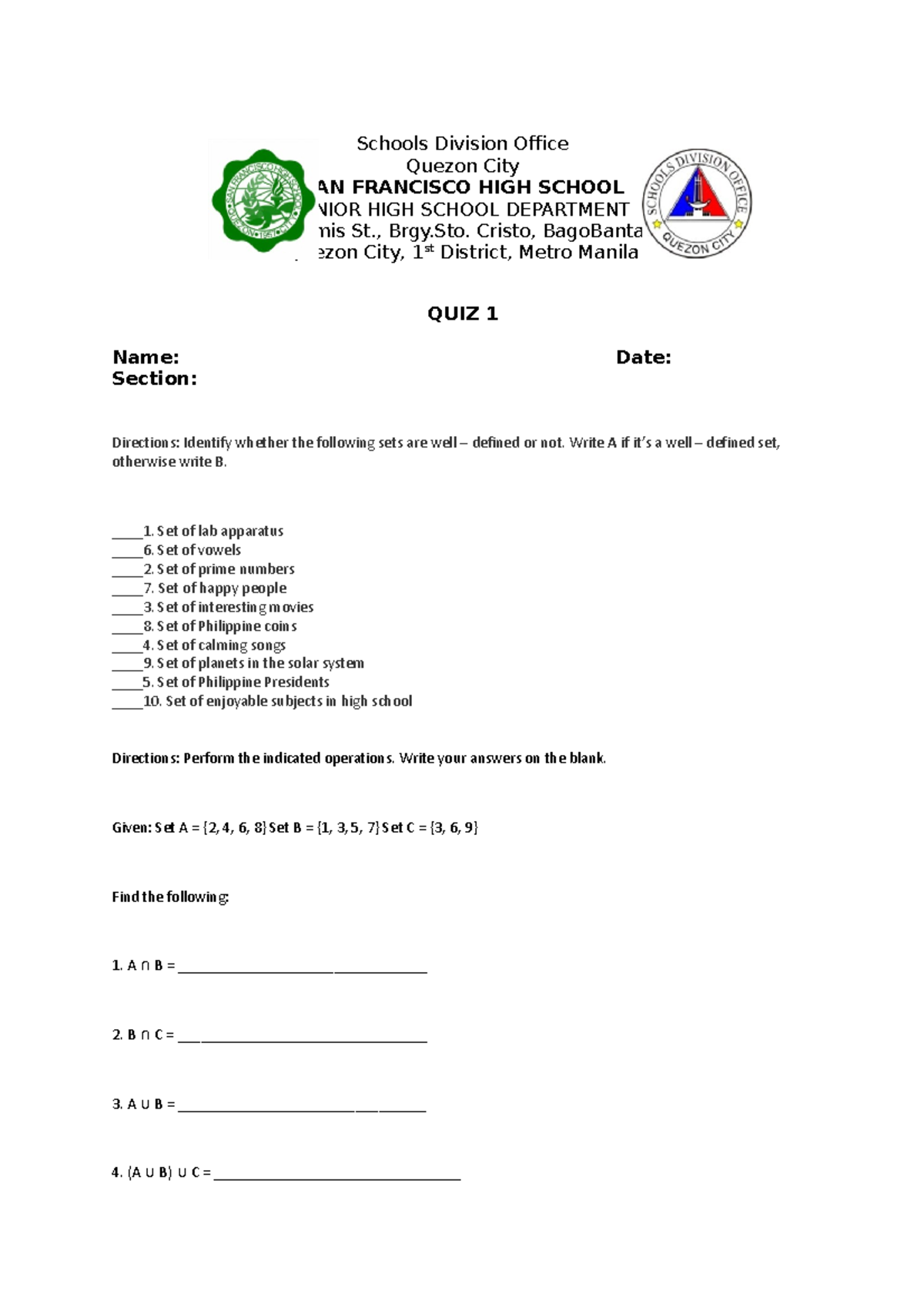QUIZ 1 - quiz - Schools Division OfficeQuezon City JUNIOR HIGH SCHOOL ...