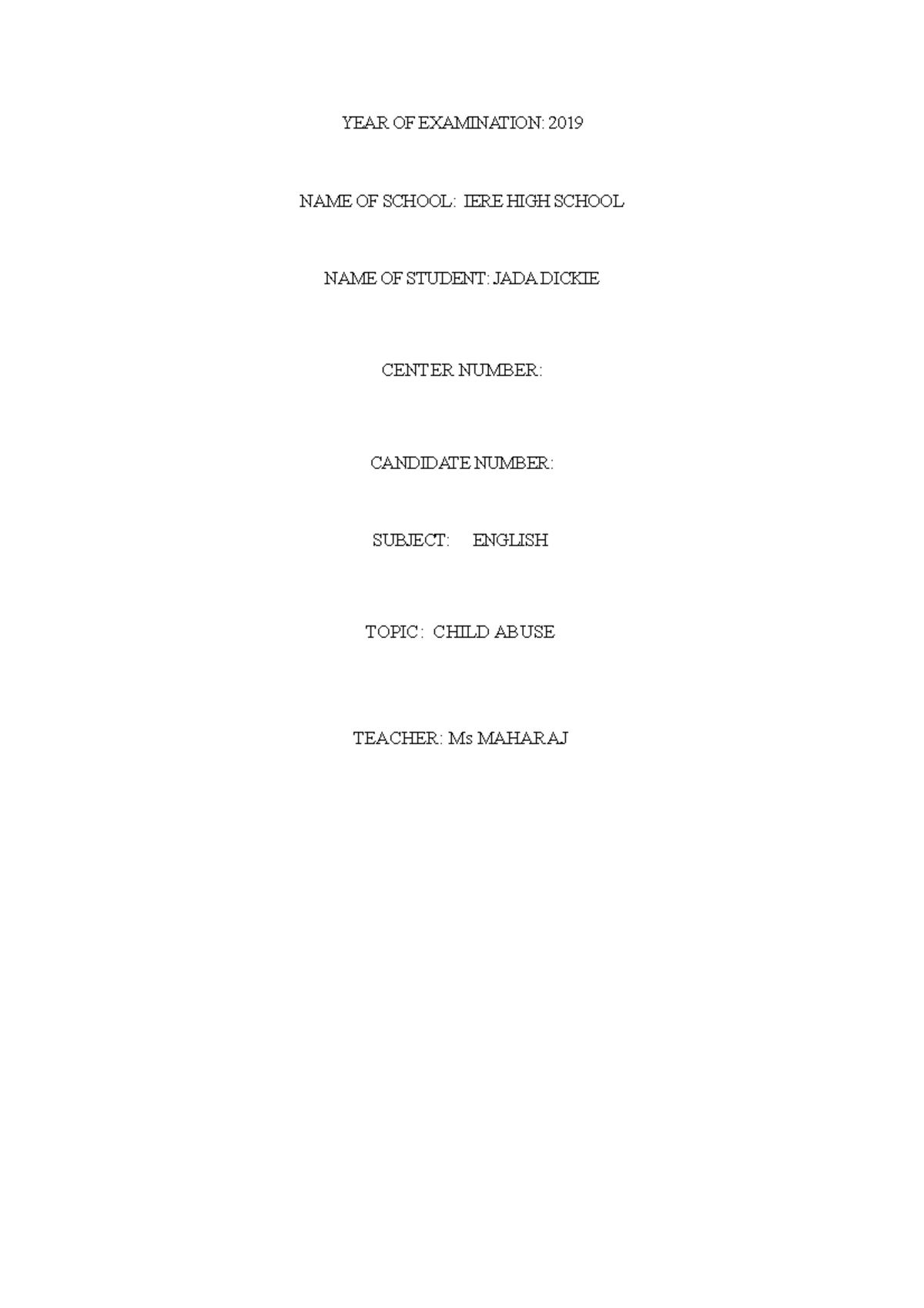 Jada englsih SBA - bnmkj - YEAR OF EXAMINATION: 2019 NAME OF SCHOOL ...