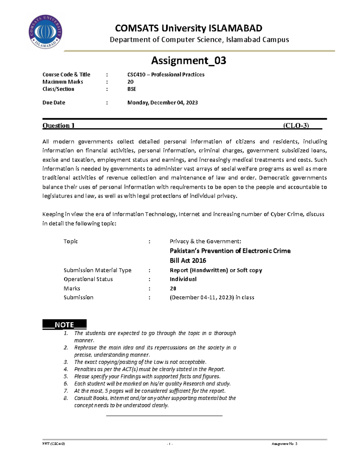 Assignment 03 - ass3 - PPIT (CSC 410 ) - 1 - Assignment No. 3 COMSATS University ISLAMABAD - Studocu