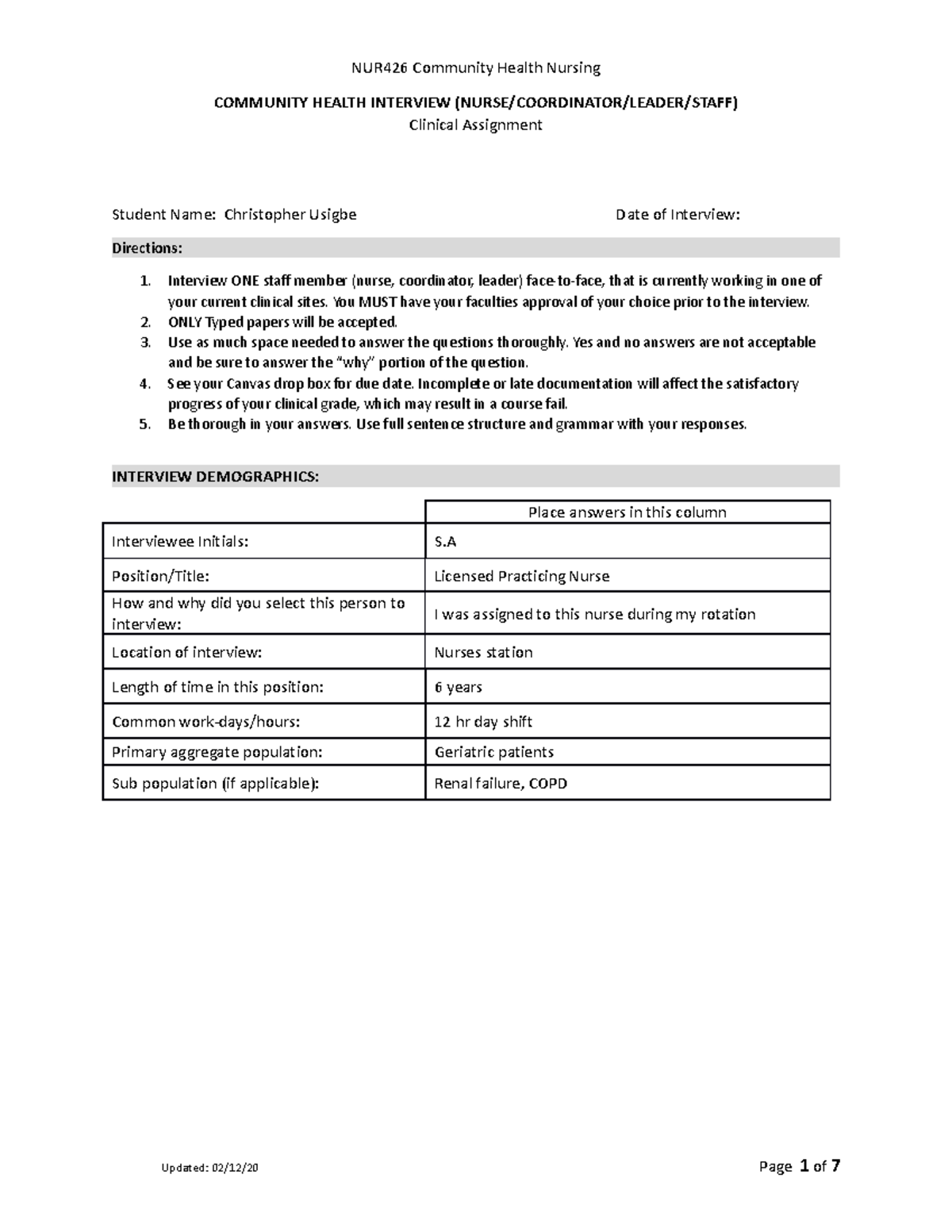 Clinical Interview COMM Health - COMMUNITY HEALTH INTERVIEW (NURSE ...