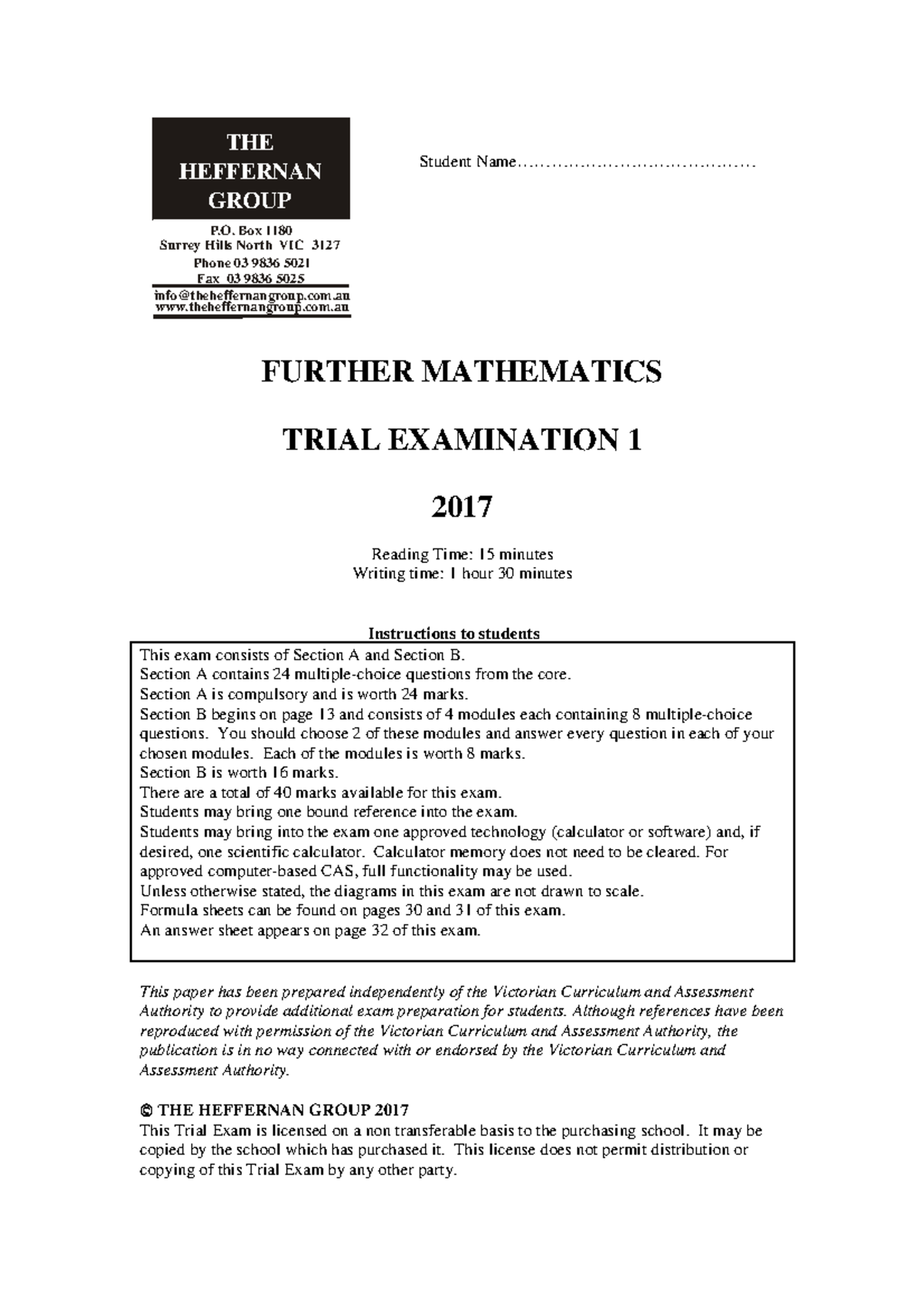2017 heffernan exam 1 - Further Maths Practice - Student - Studocu