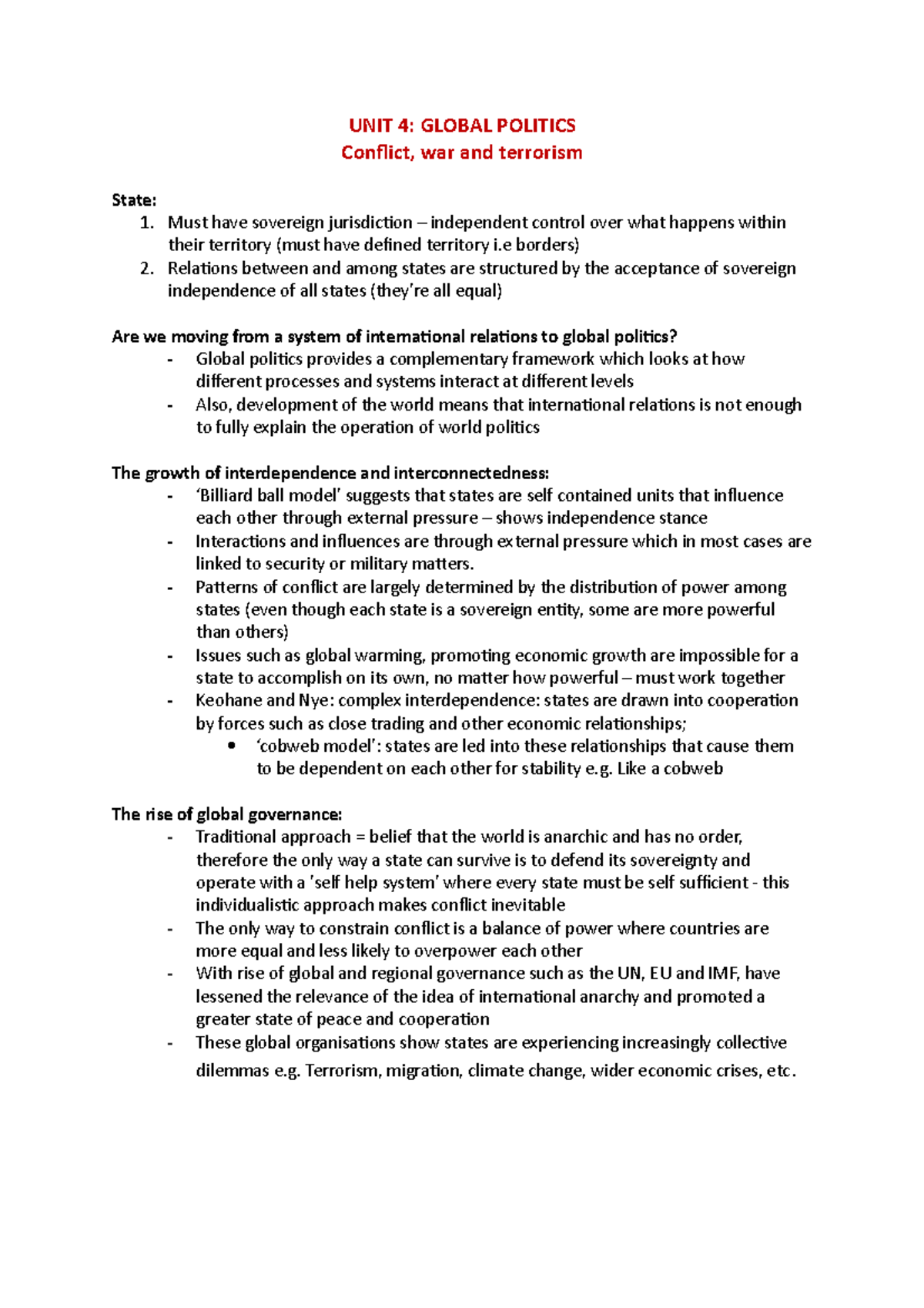 Unit 4 Global Politics - UNIT 4: GLOBAL POLITICS Conflict, war and ...