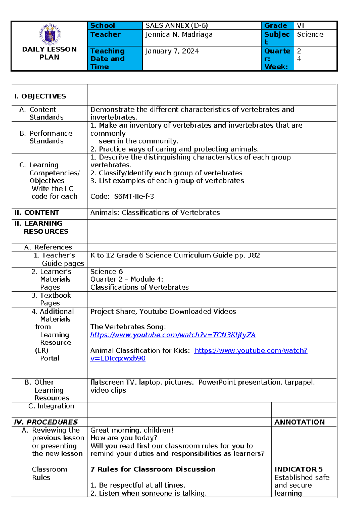 CO2 Vertebrates AND Invertebrates - DAILY LESSON PLAN School SAES ANNEX ...