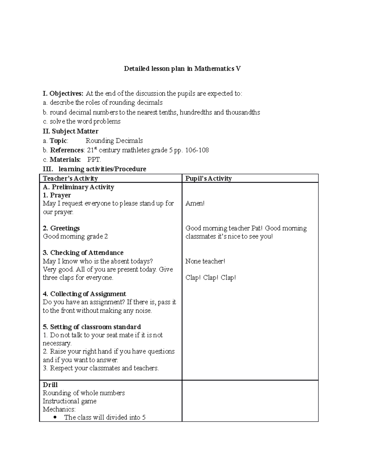 Rounding decimal 5 - Lesson plan - Detailed lesson plan in Mathematics ...
