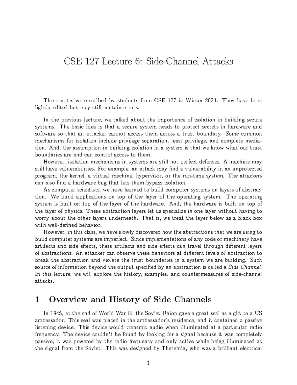 14-side-channel attack - CSE 127 Lecture 6: Side-Channel Attacks These ...