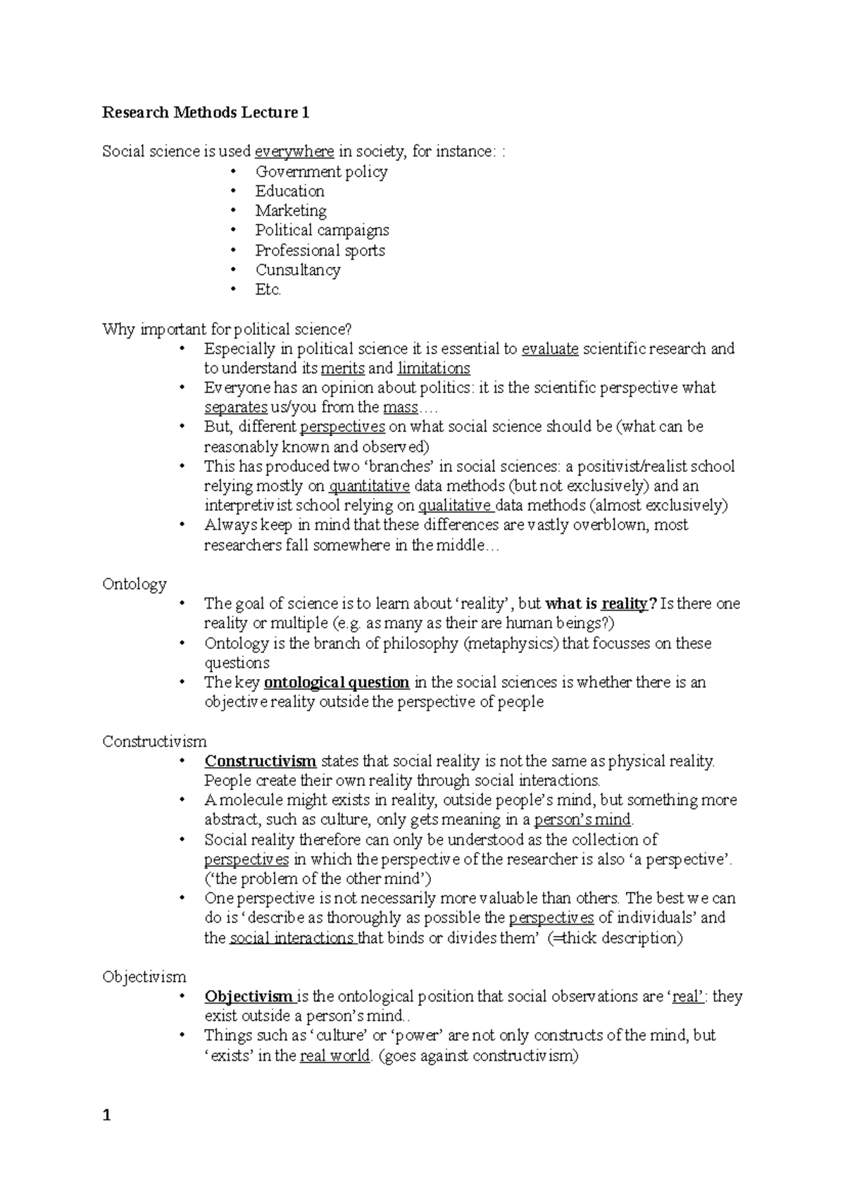 Research Methods lectures notes 1-7 - Research Methods Lecture 1 Social ...