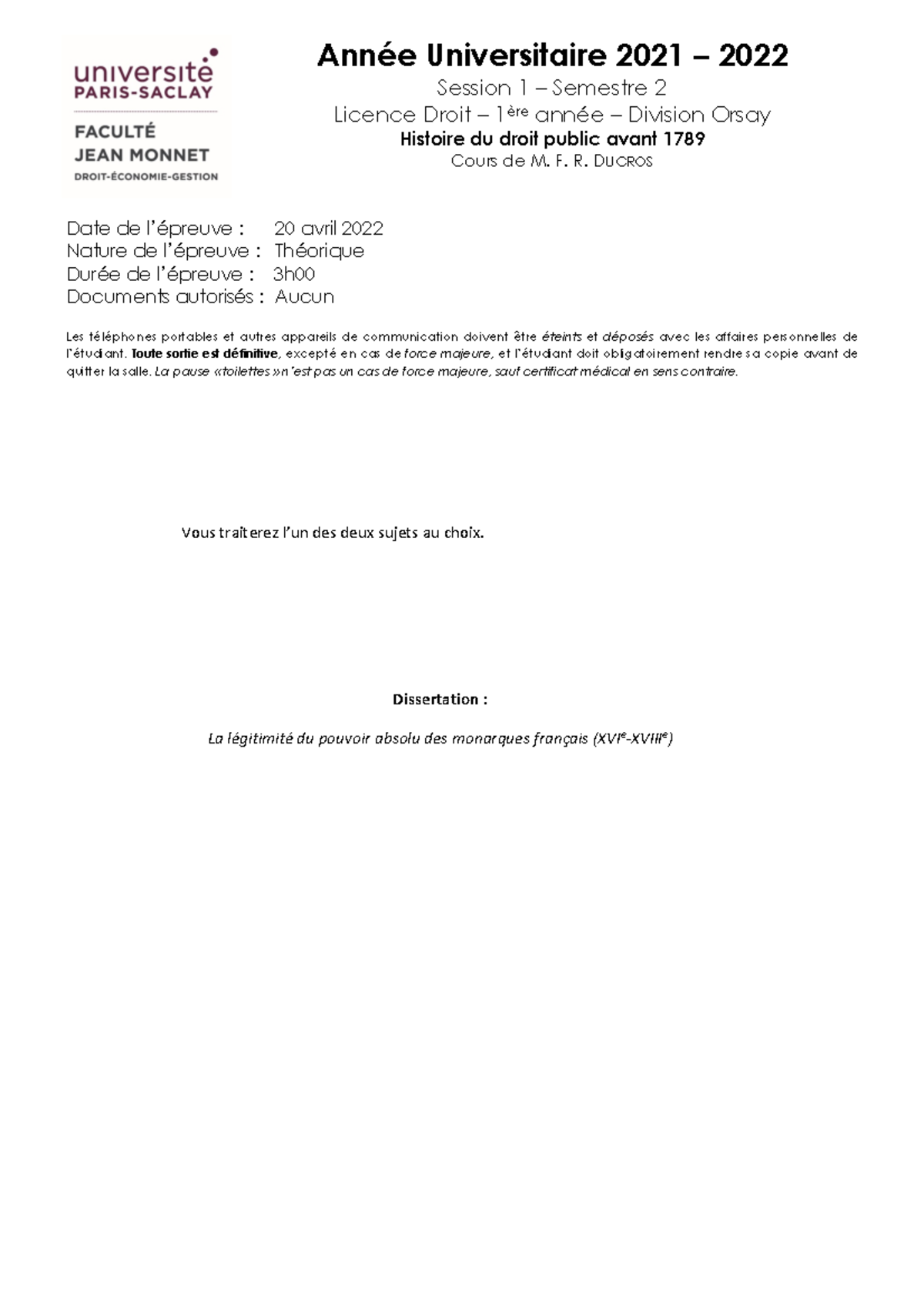 Hisitoire DU Droit Public - FR. Ducros - Année Universitaire 2021 ...
