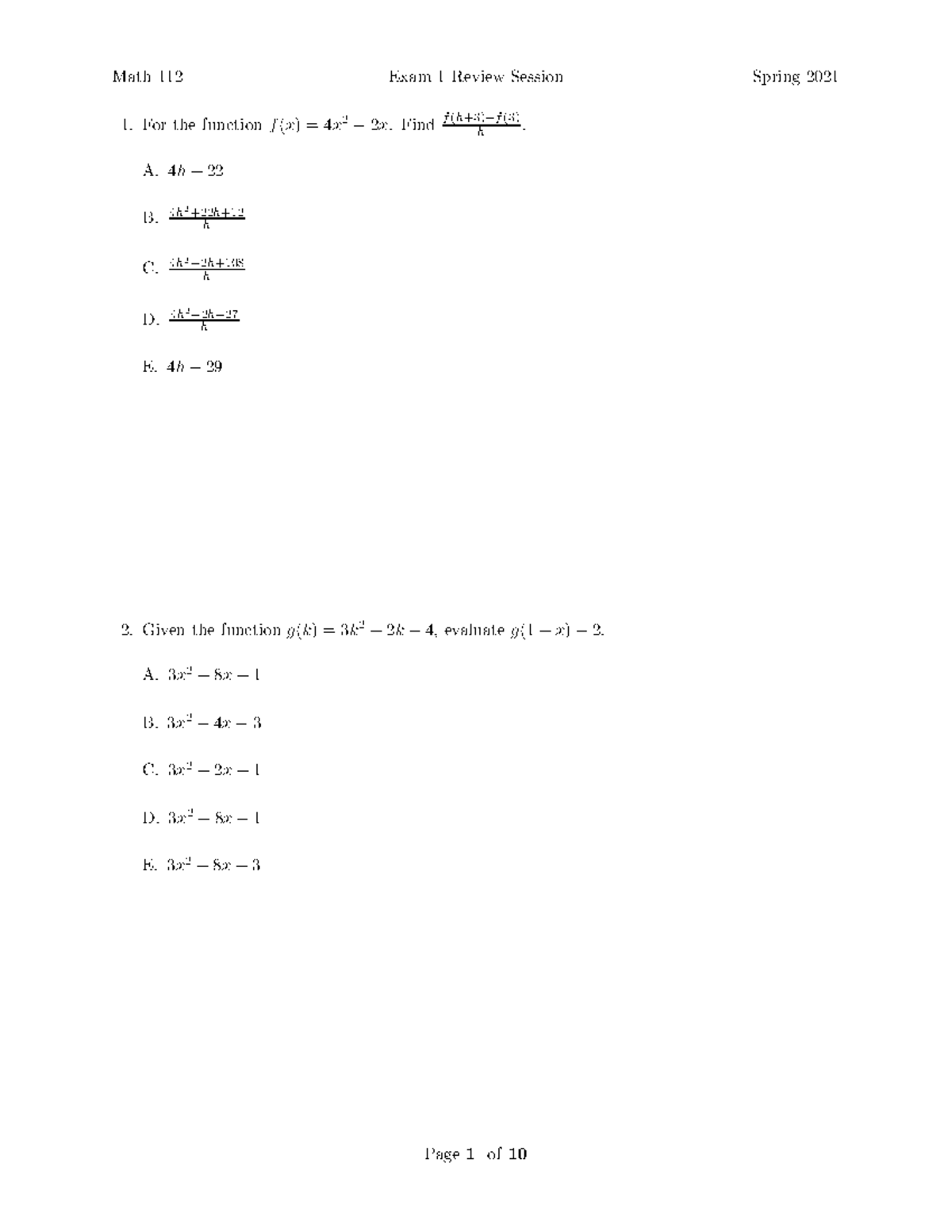 Exam 1 Review Session Materials without Answers - For the function f (x ...
