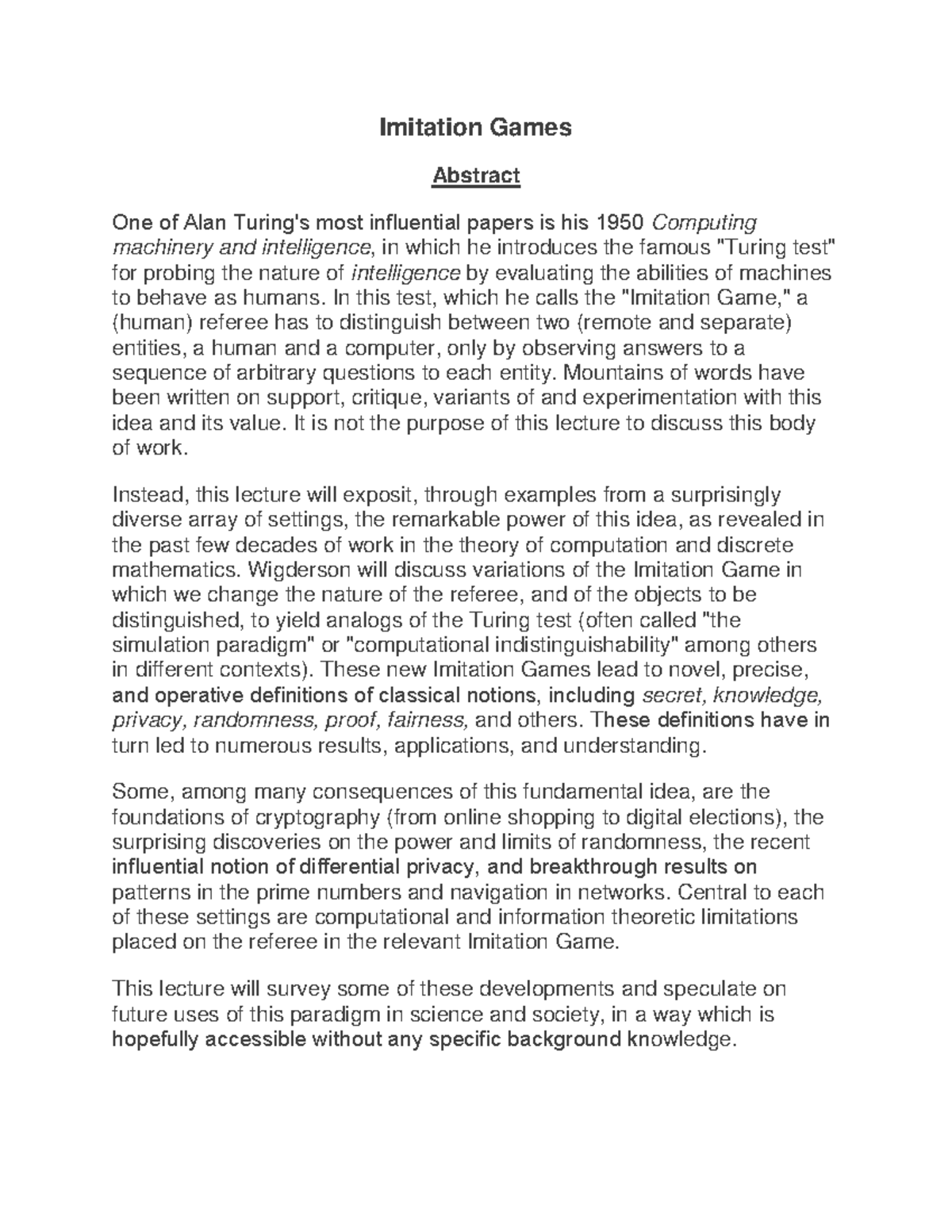 Imitation Games abstract - Imitation Games Abstract One of Alan Turing ...
