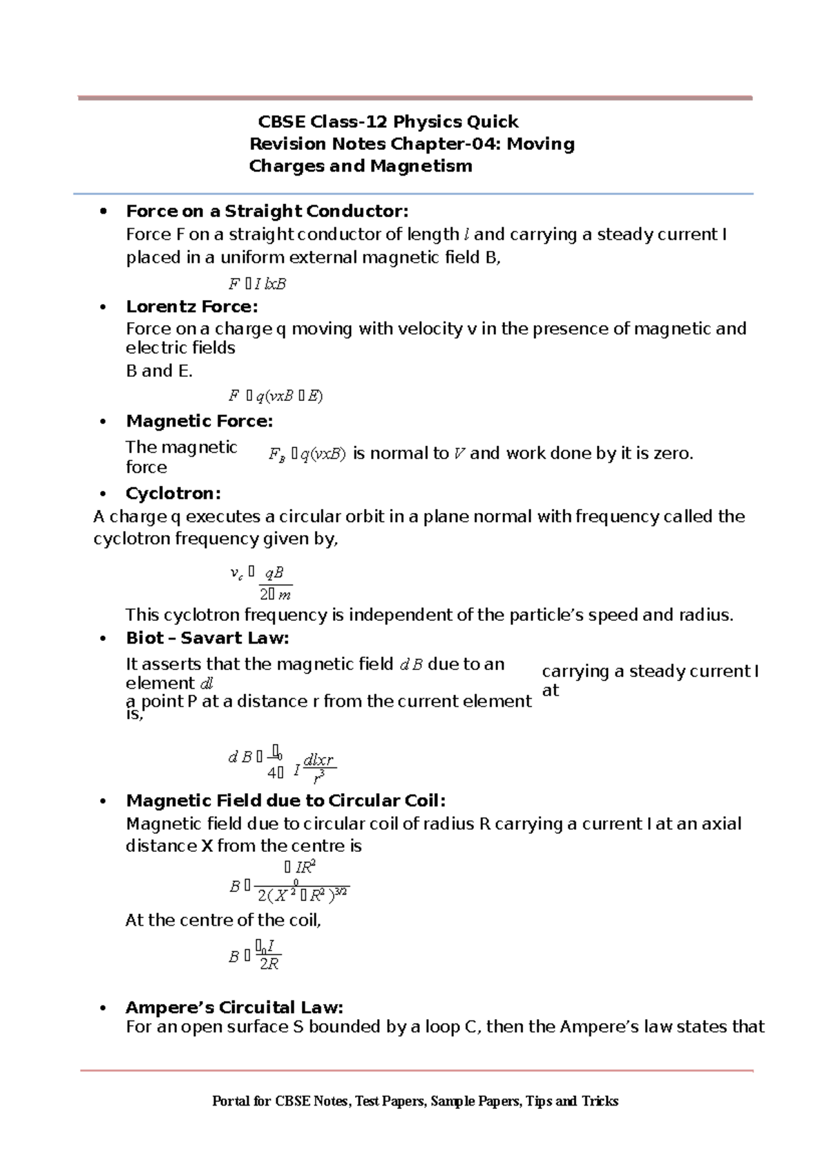 12 physics notes ch04 moving charges and magnetism - CBSE Class-12 ...