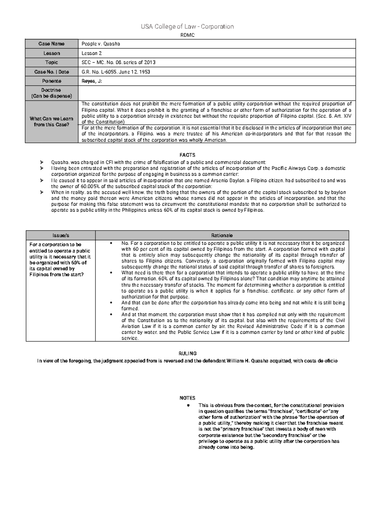 10. People v. Quasha - Law - USA College of Law - Corporation RDMC Case ...