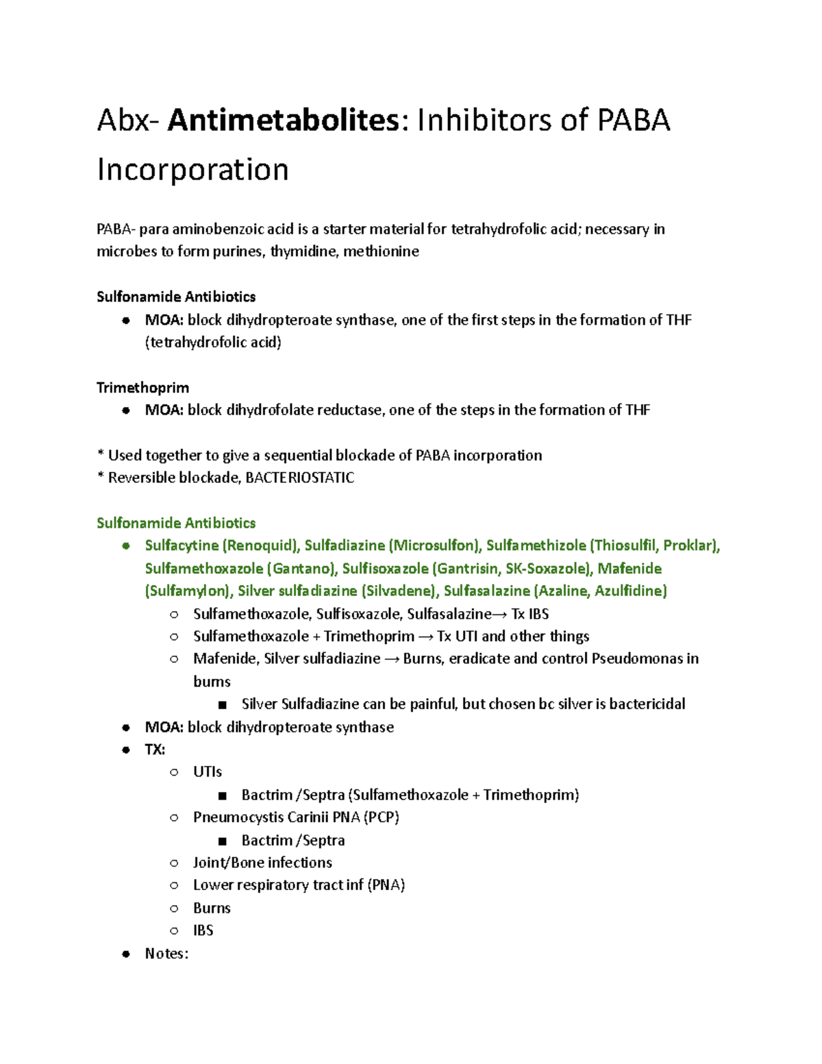 Antibioitcs- Antimetabolites: inhibitors of PABA incorporation - Abx ...