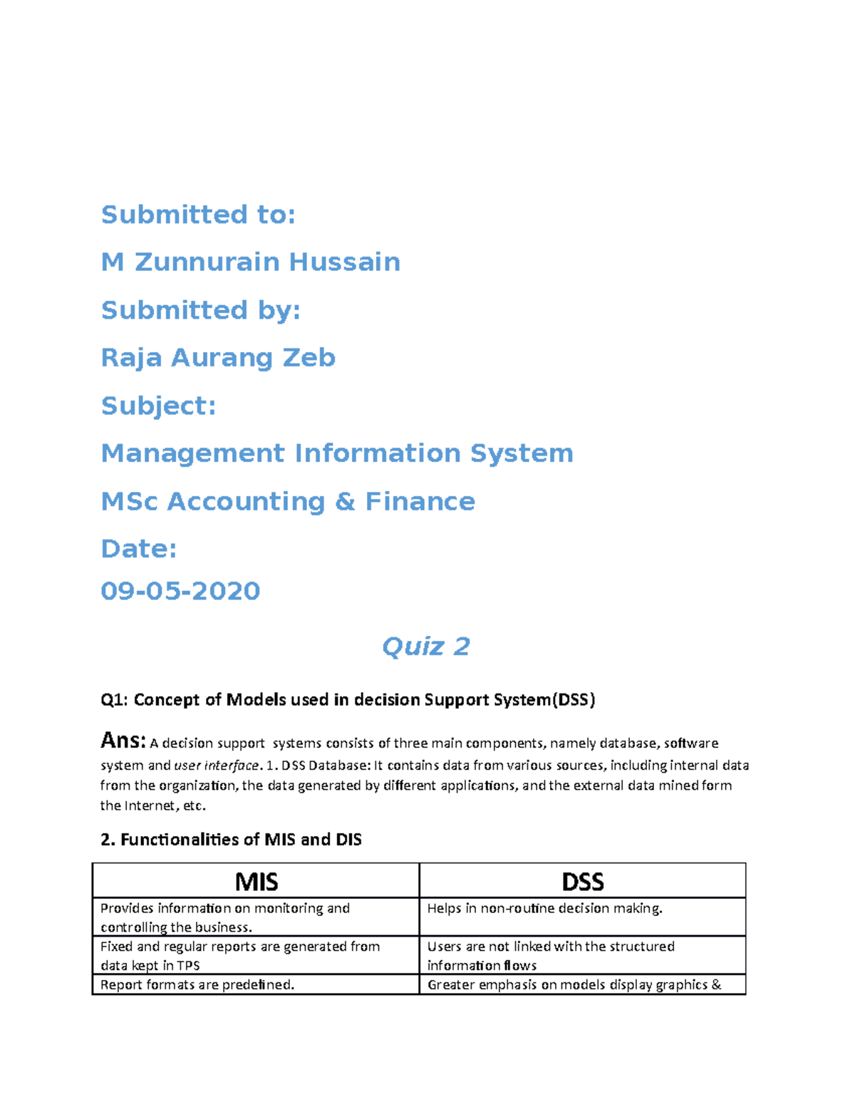 Q2 Raja Management Information System Case Study - Submitted to: M ...