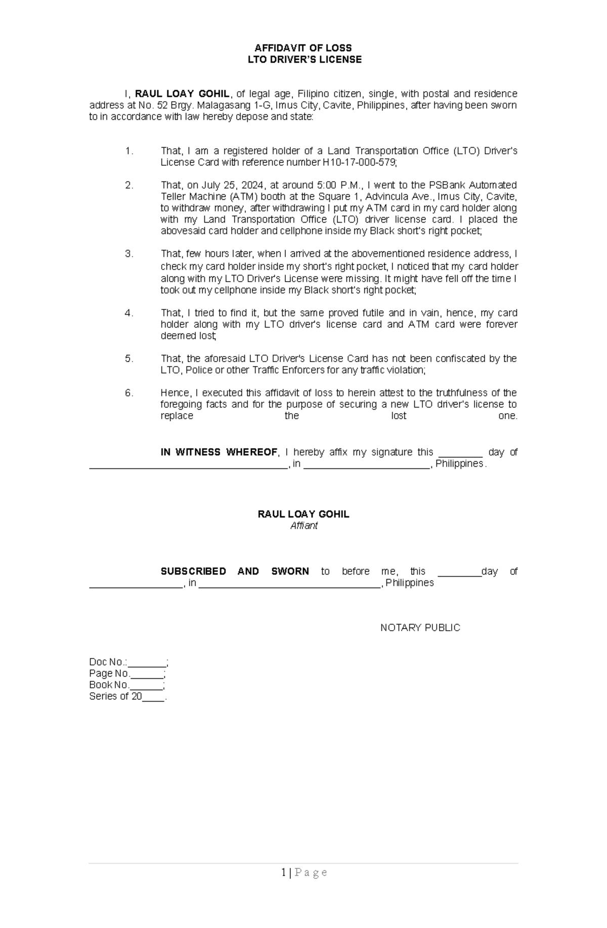 Affidavit OF LOSS LTO Driver License RAUL LOAY Gohil - AFFIDAVIT OF ...