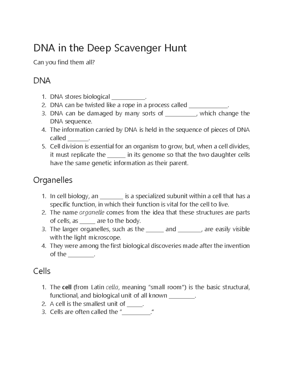 DNA - Scavenger Hunt - DNA in the Deep Scavenger Hunt Can you find them ...