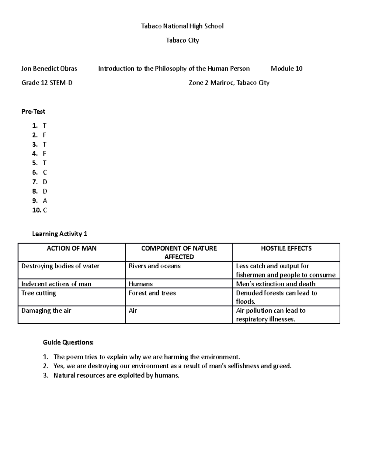 Obras Jon Benedict D - introduction to philosophy module 10 - Tabaco ...