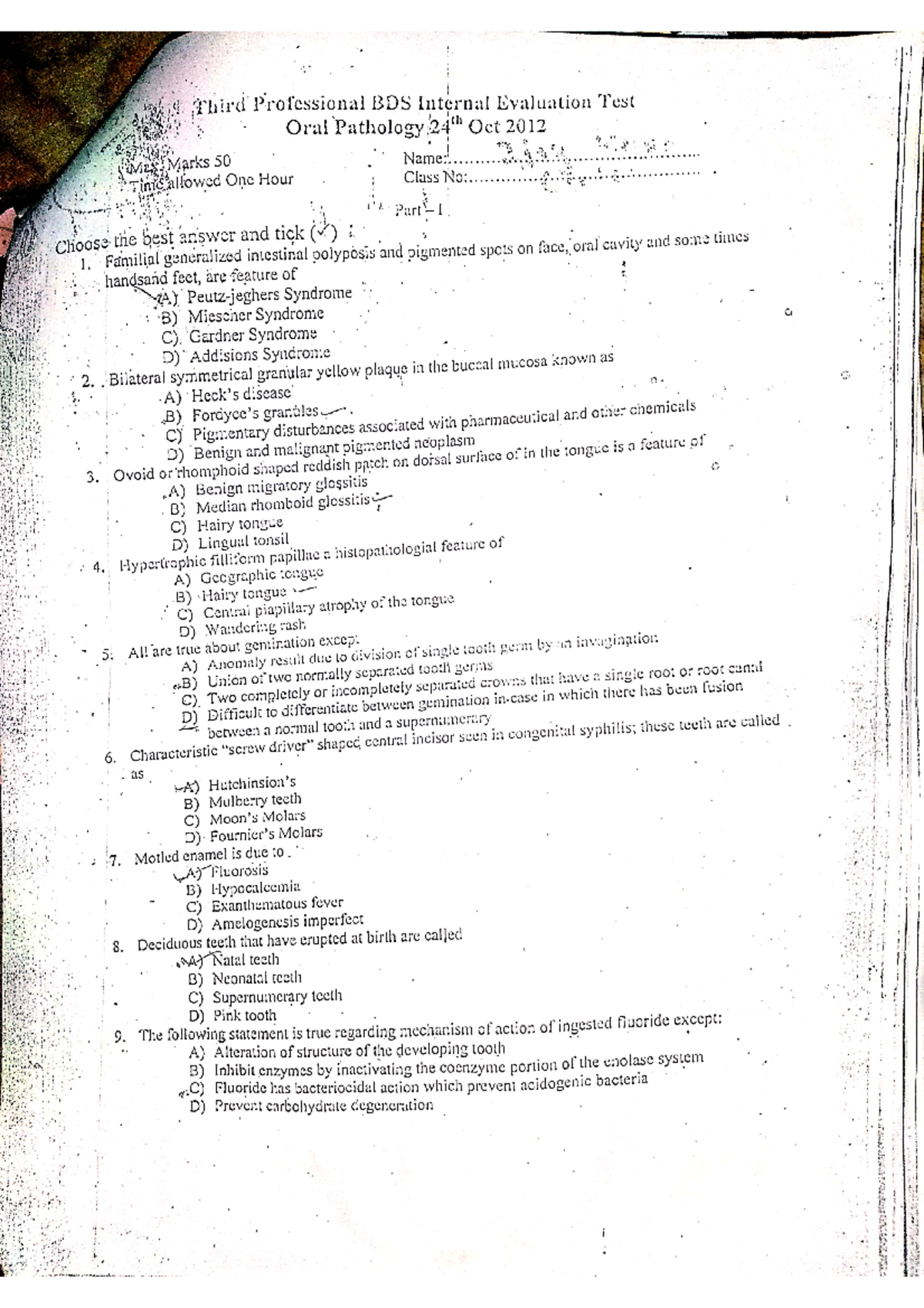 Oral Patho MCQs - Third Professional BDS Internal Evaluation Test Oral ...