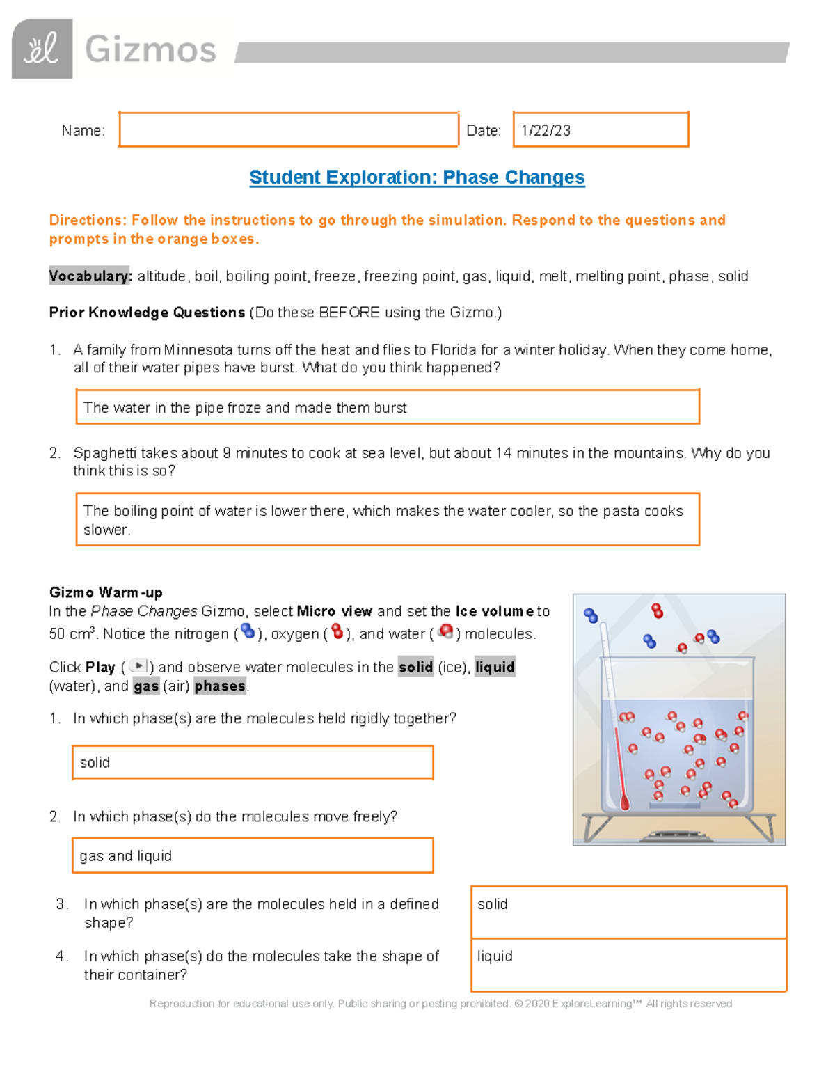 Phase Changes Activity A - Name: Date: 1/22/ Student Exploration: Phase ...