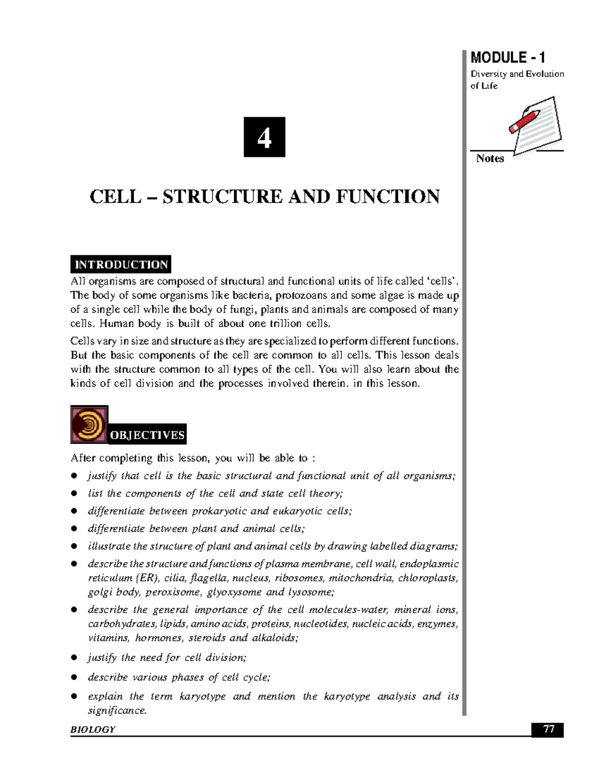 Structures of Cell - MODULE - 1 Cell – Structure and Function Diversity ...