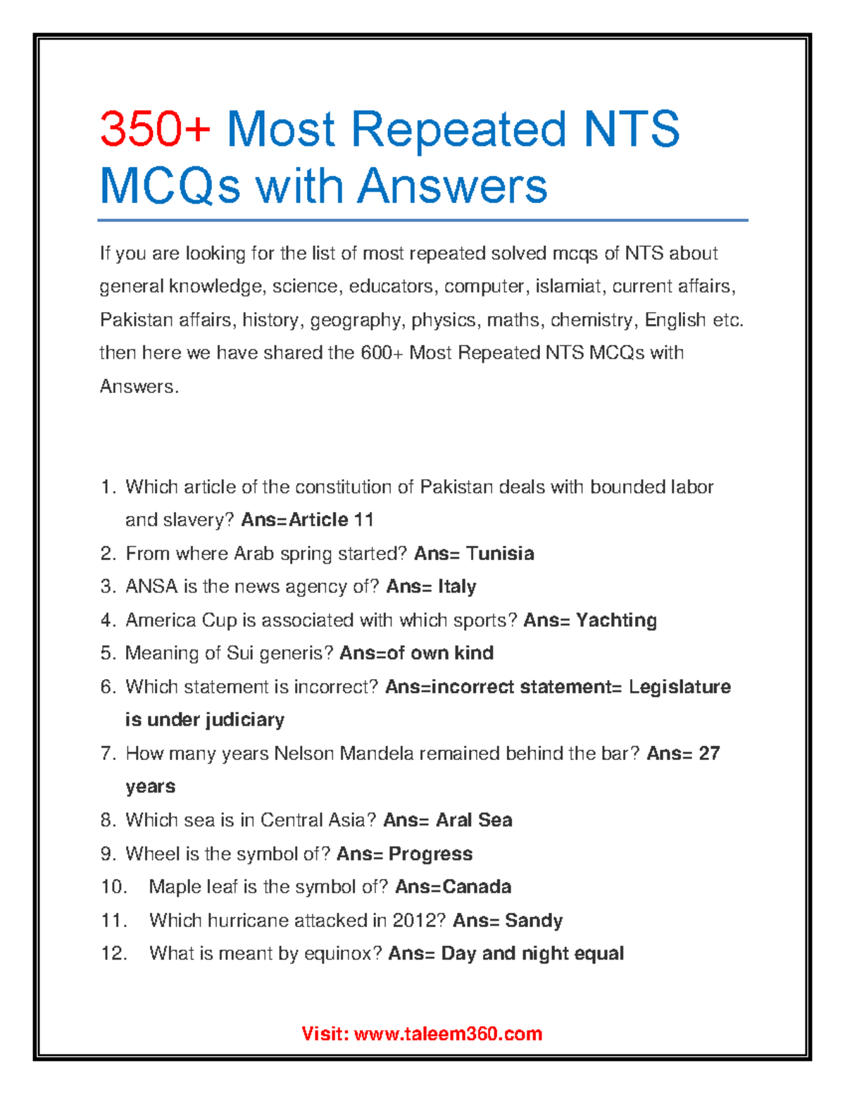 350+ Most Repeated NTS MCQs with Answers - then here we have shared the ...