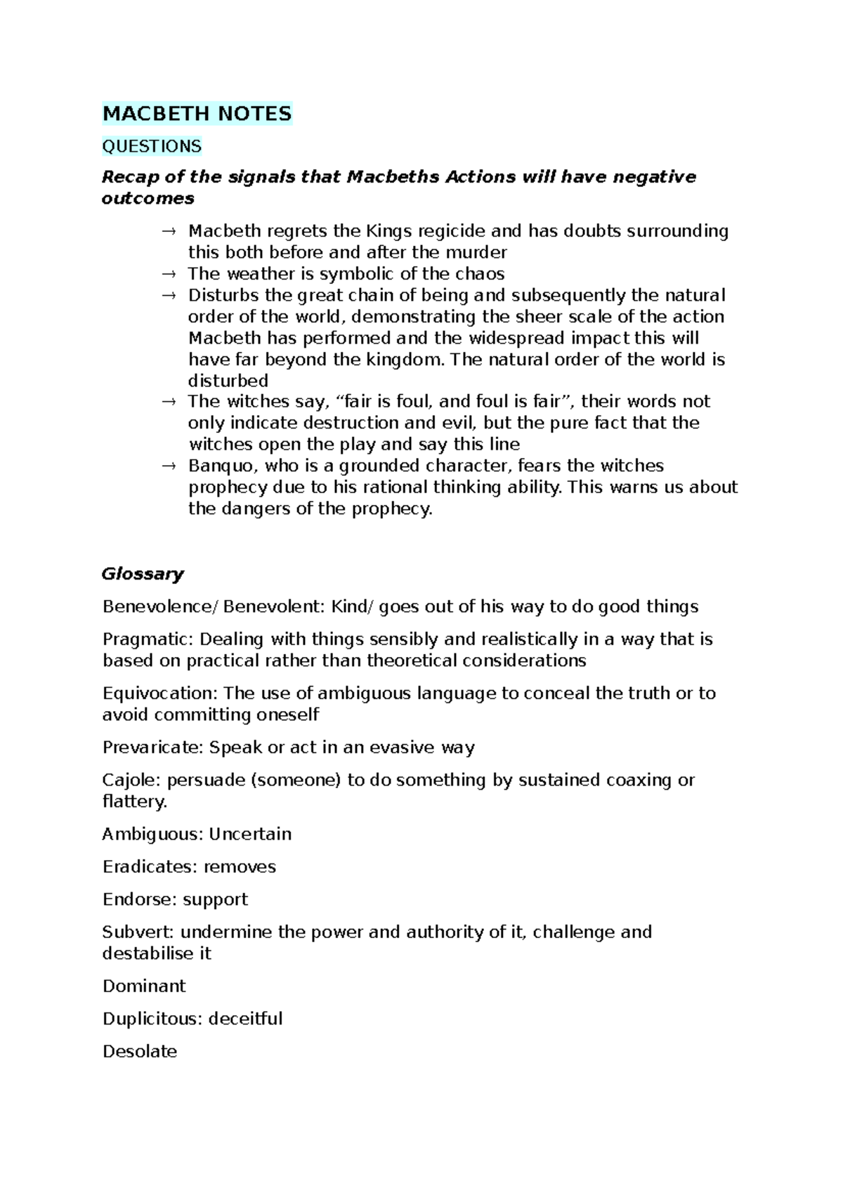 Macbeth Notes - MACBETH NOTES QUESTIONS Recap of the signals that ...