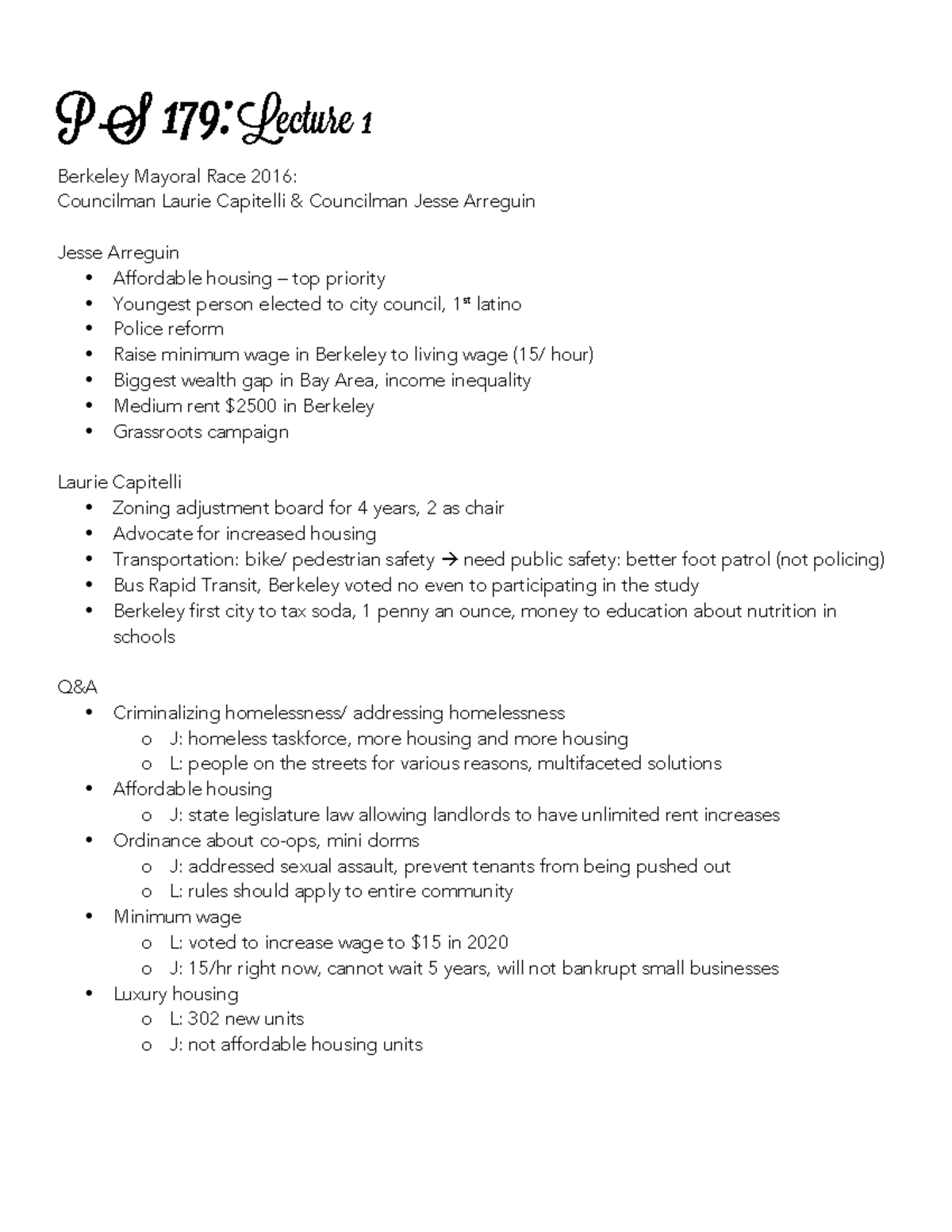 PS 179 Notes - Prof Alan Ross - PS 179: Lecture 1 Berkeley Mayoral Race ...