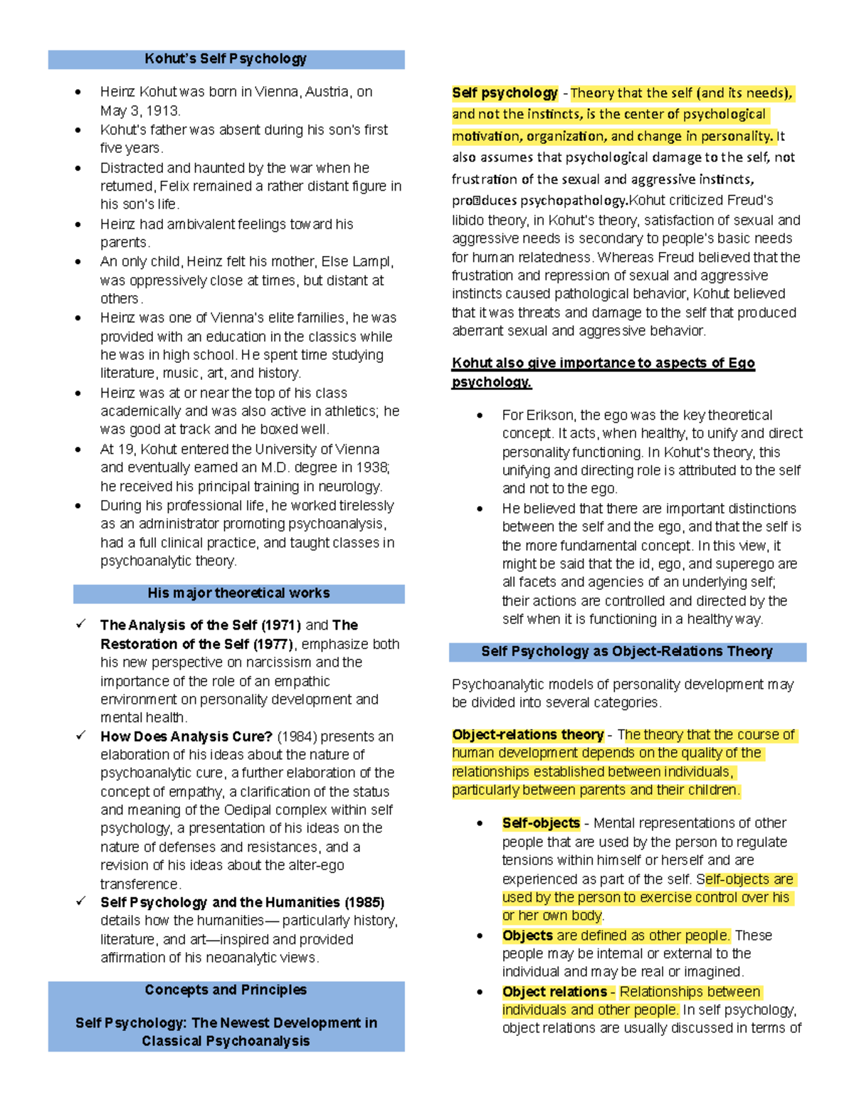 Kohut Self Psychology summary (reference Ryckman 9th edition) - Kohut’s ...