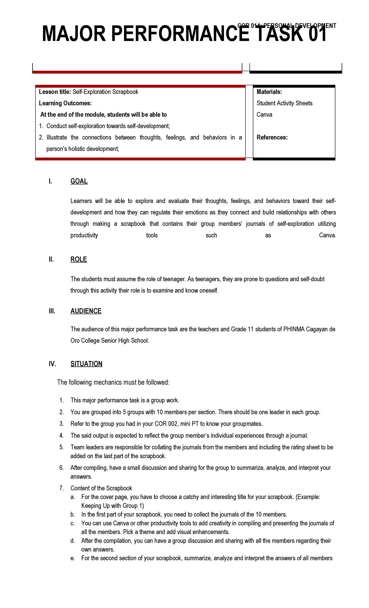 COR014 Major PT Stemhumssgas ONLY - COR 014: PERSONAL DEVELOPMENT 1 ...