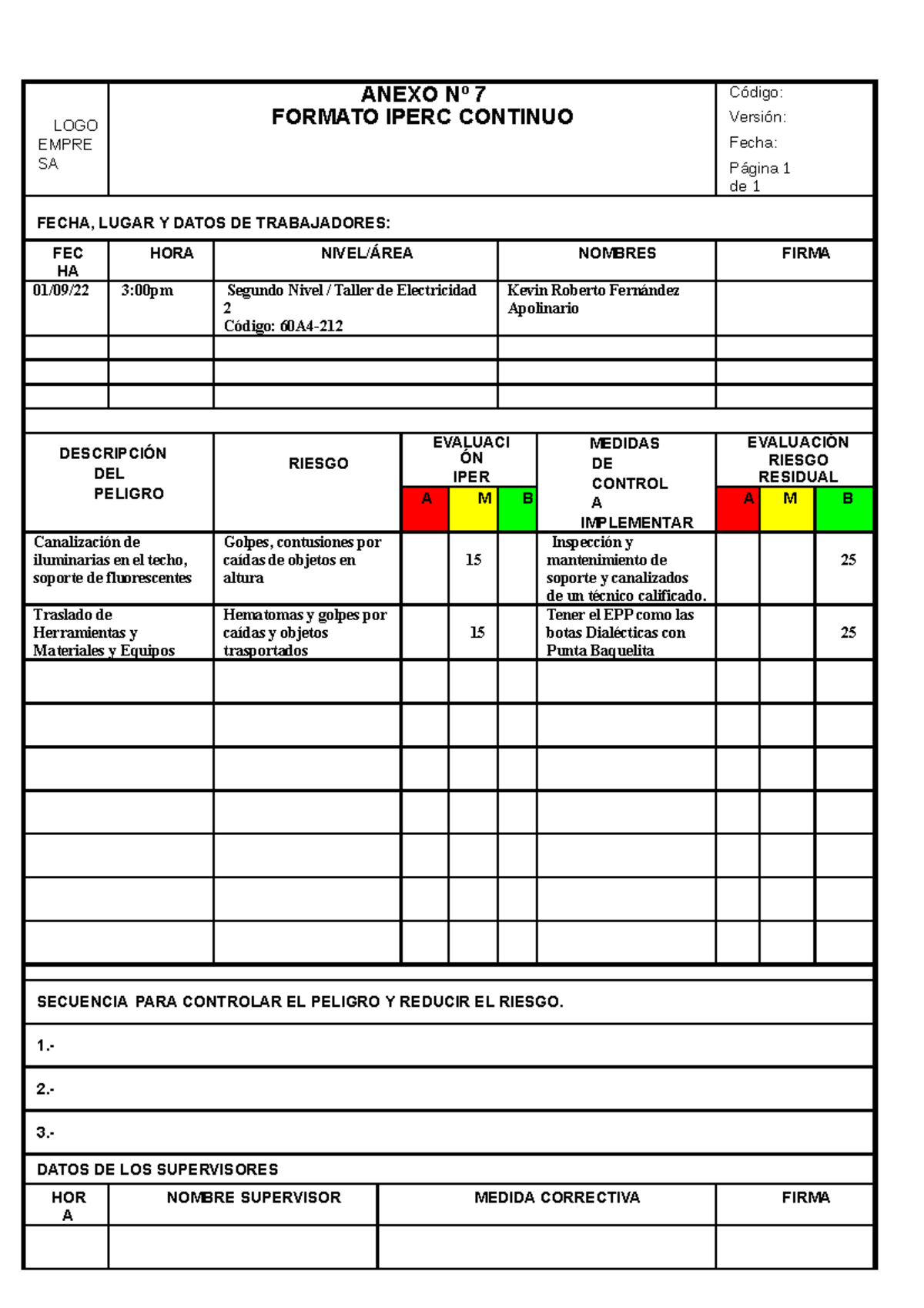 Formato DE Iperc - ENTREGABLE 1 MECANICA - LOGO EMPRE SA ANEXO Nº 7 ...