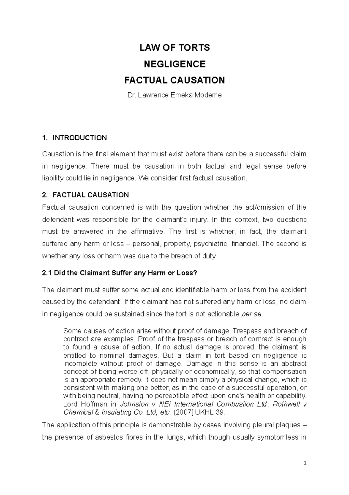 Negligence Factual Causation (Lecture Notes) - LAW OF TORTS NEGLIGENCE ...