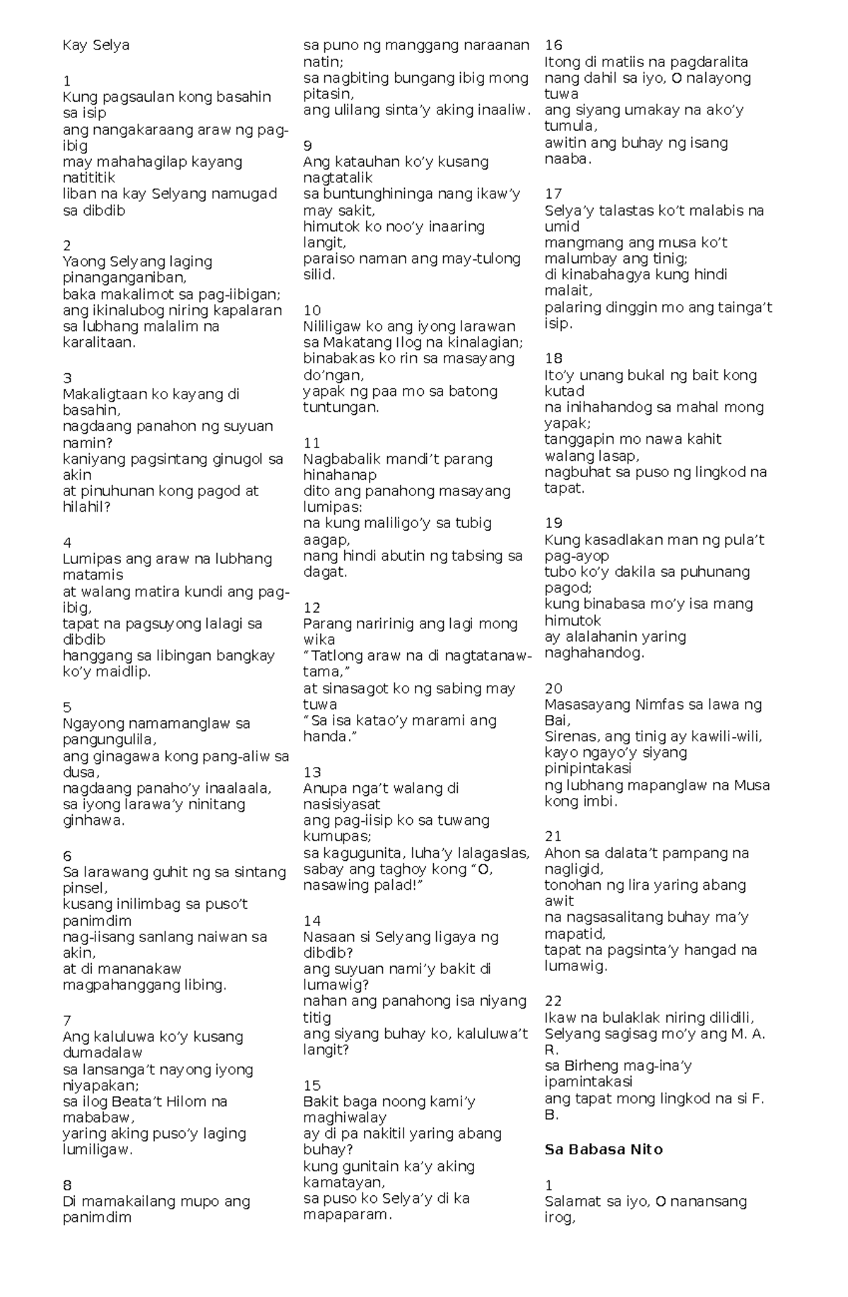 Kay Selya, buod - Kay Selya 1 Kung pagsaulan kong basahin sa isip ang ...