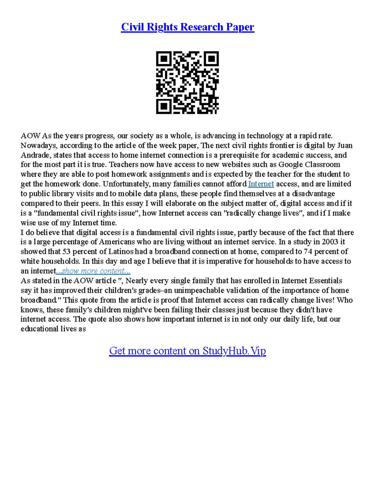 Civil Rights Essay - Civil Rights Research Paper AOW As the years ...