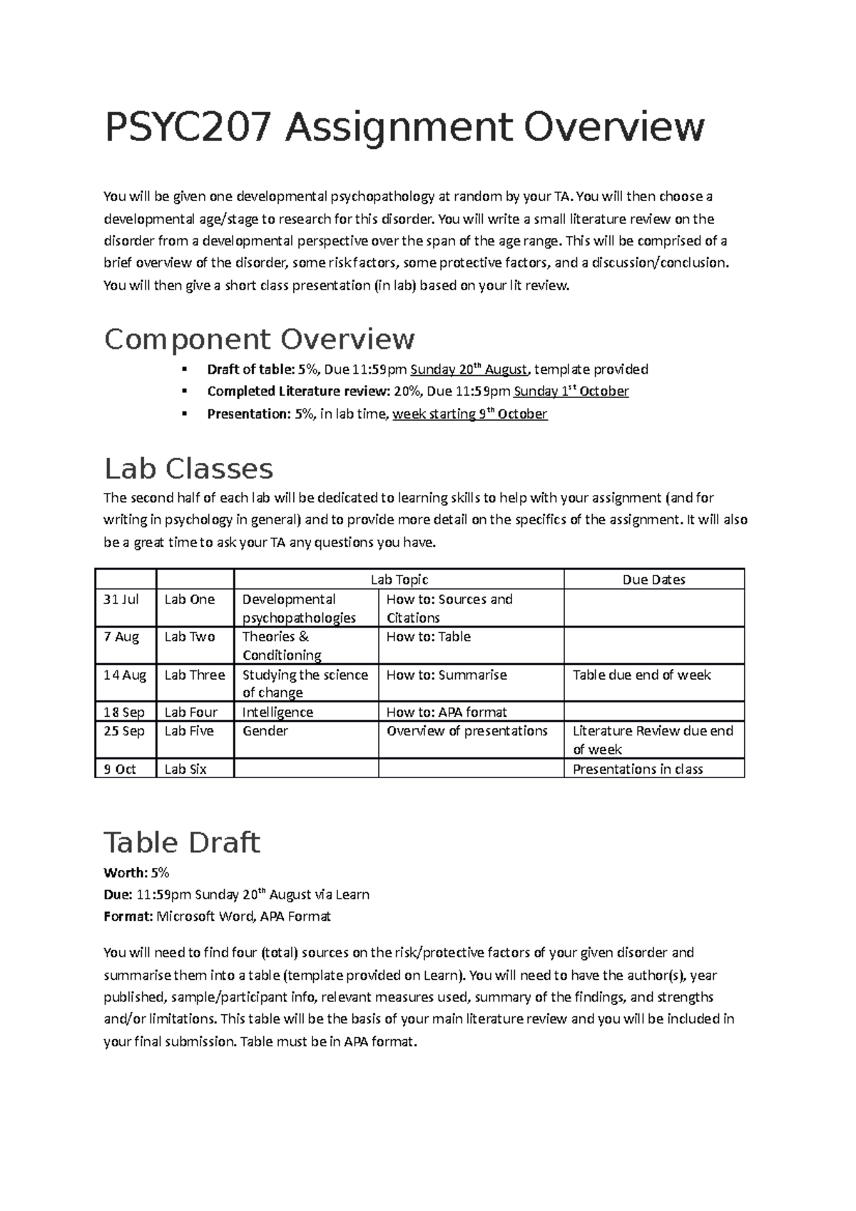 207 Assignment overview - PSYC207 Assignment Overview You will be given one developmental - Studocu
