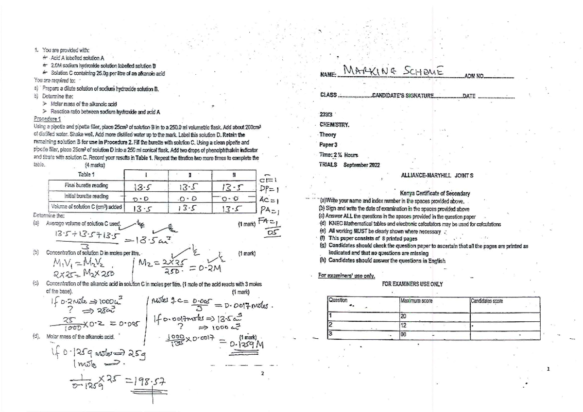 Chemistry Paper 3 - MS - Good - 1. You are provided with: Acid A ...
