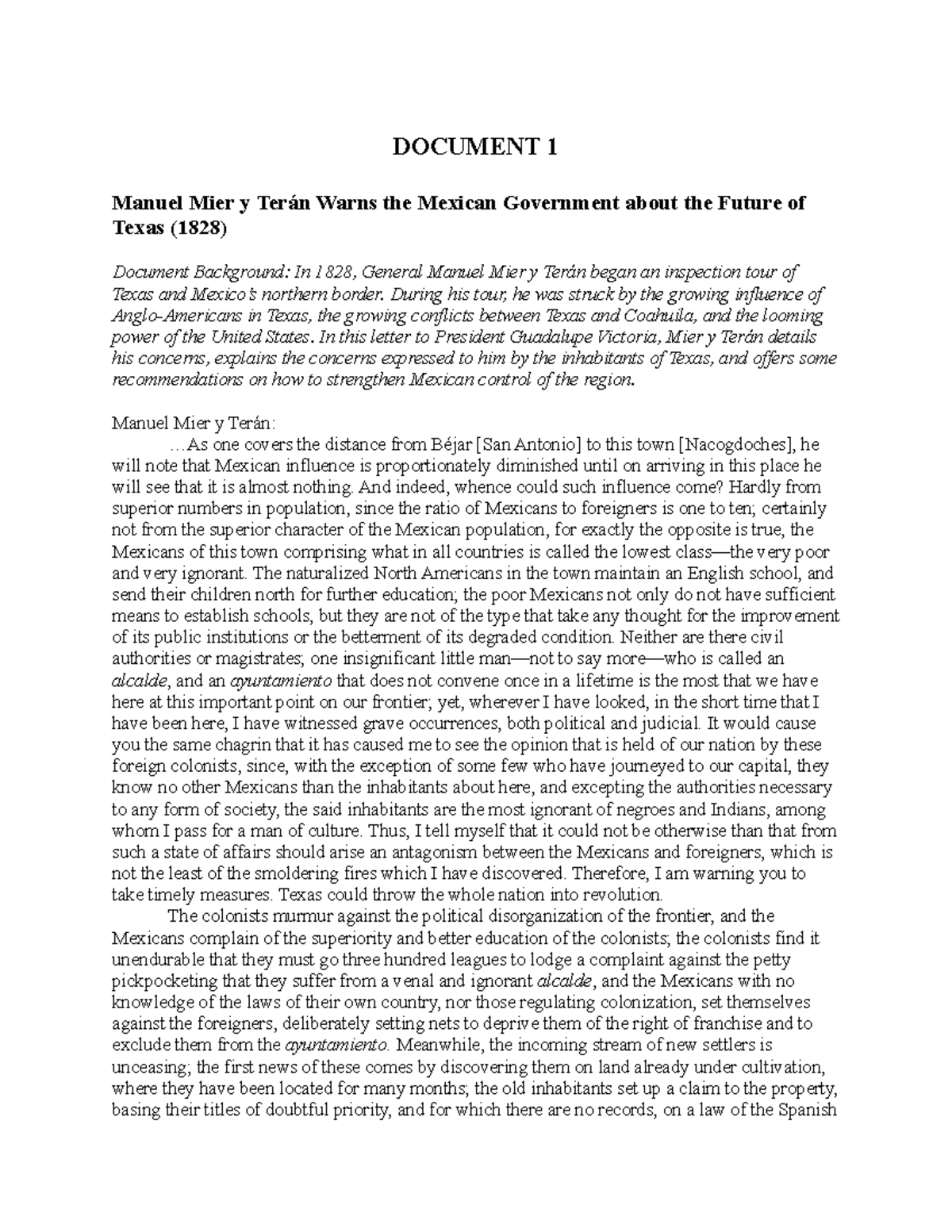 Document 1-Miery Teran - DOCUMENT 1 Manuel Mier y Terán Warns the ...