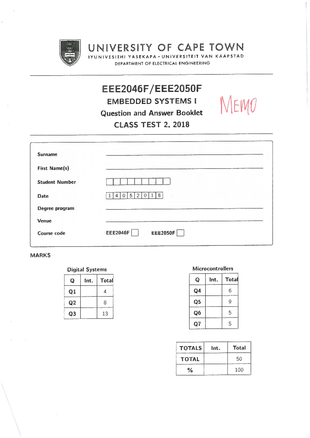 X CT2 memo 2018 - Practice paper - UNIVERSITY OF CAPE TOWN SPESIBONA ...
