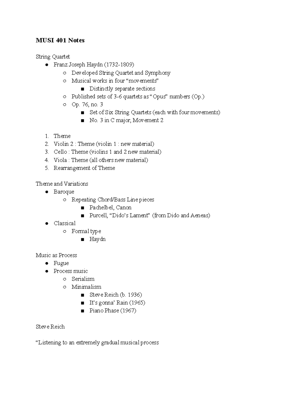 Music Notes 3 - MUSI 401 Notes String Quartet Franz Joseph Haydn (1732 ...